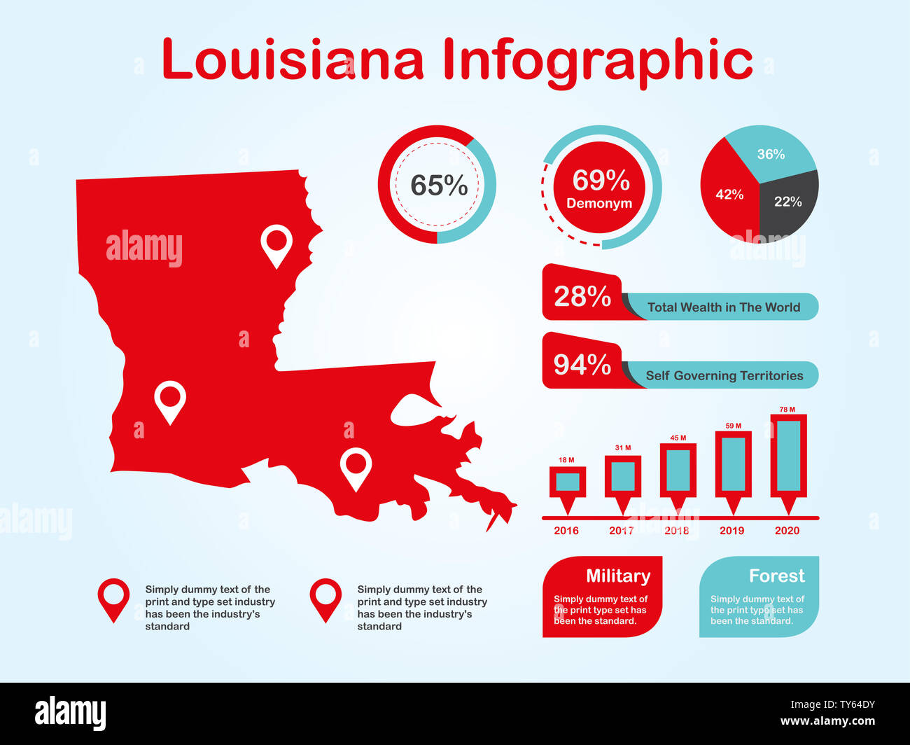 Louisiana State (USA) Map with Set of Infographic Elements in Red Color ...