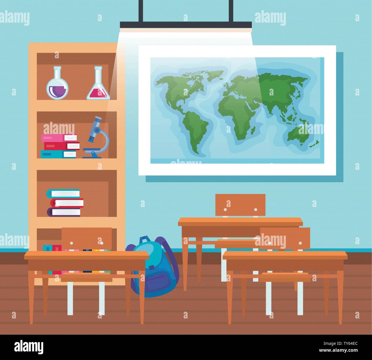 global map with bookcase and desks in the education classroom Stock ...