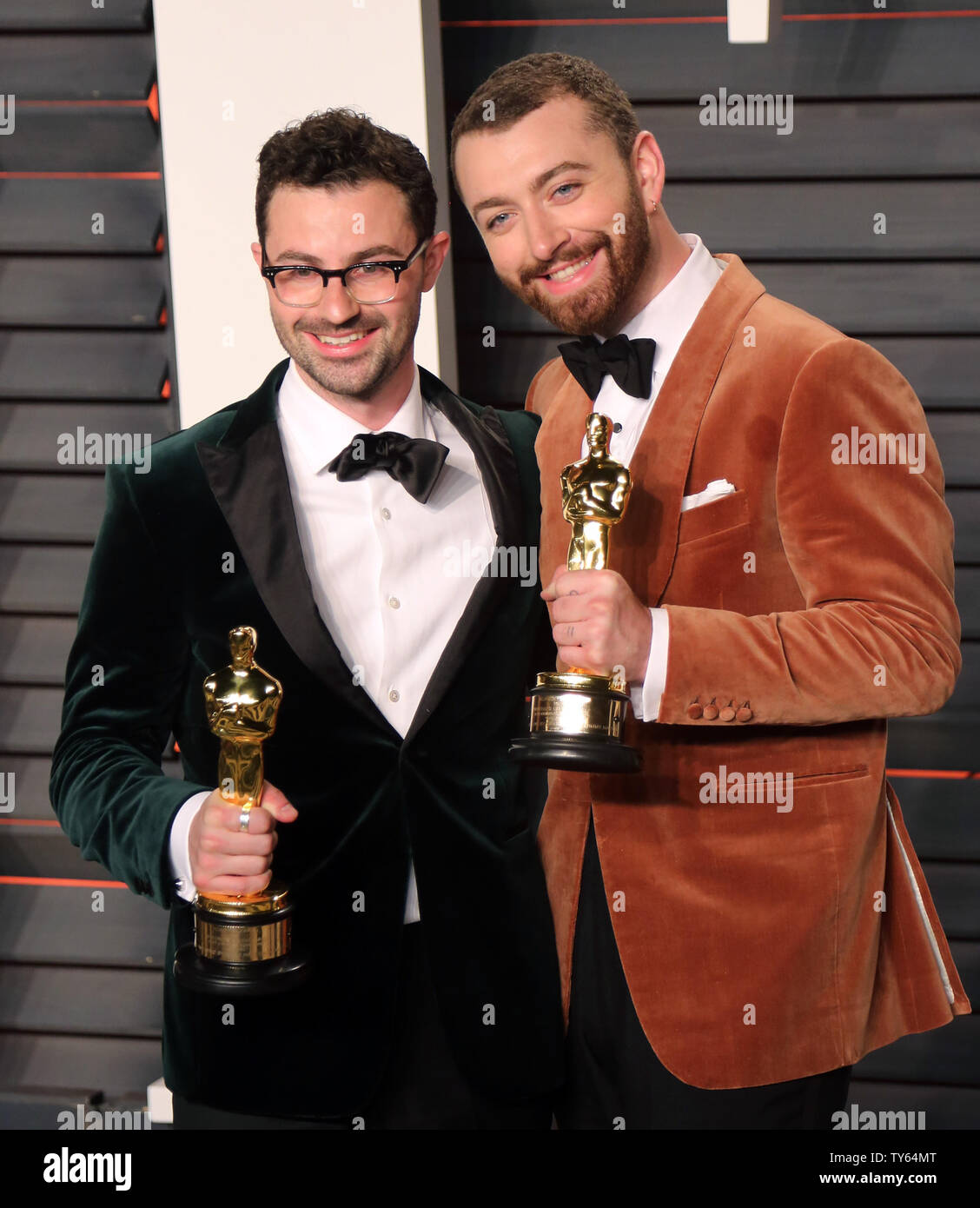 James Napier (L) and Sam Smith attend the 2016 Vanity Fair Oscar Party ...