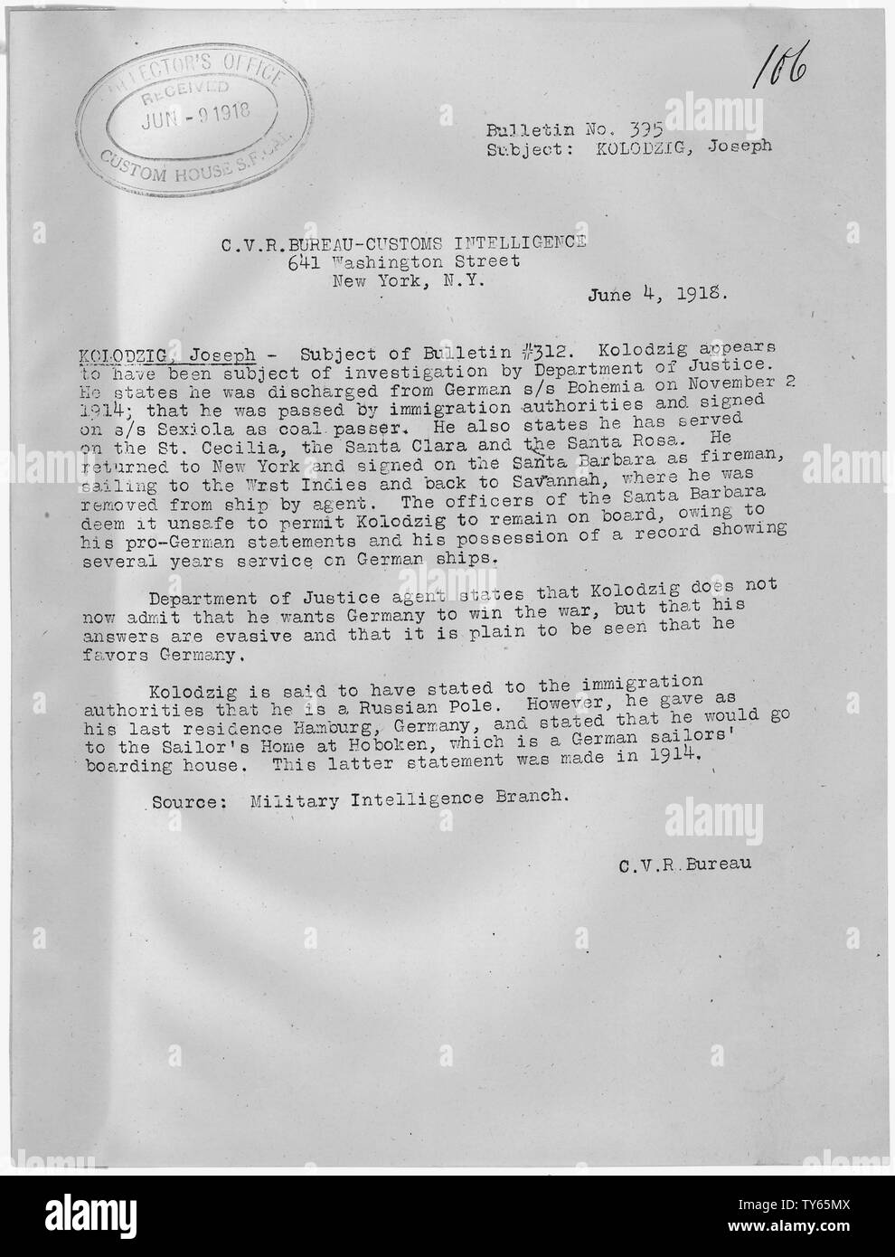 Intelligence Division Passenger Report: Joseph Kolodzig; Scope and ...