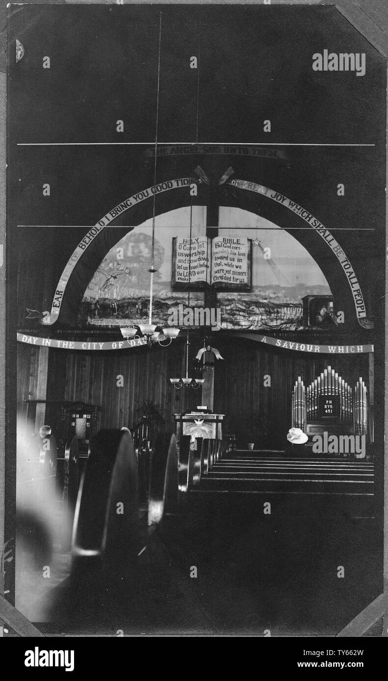 Interior of Metlakahtla, Alaska, Church with view of altar Christmas ...