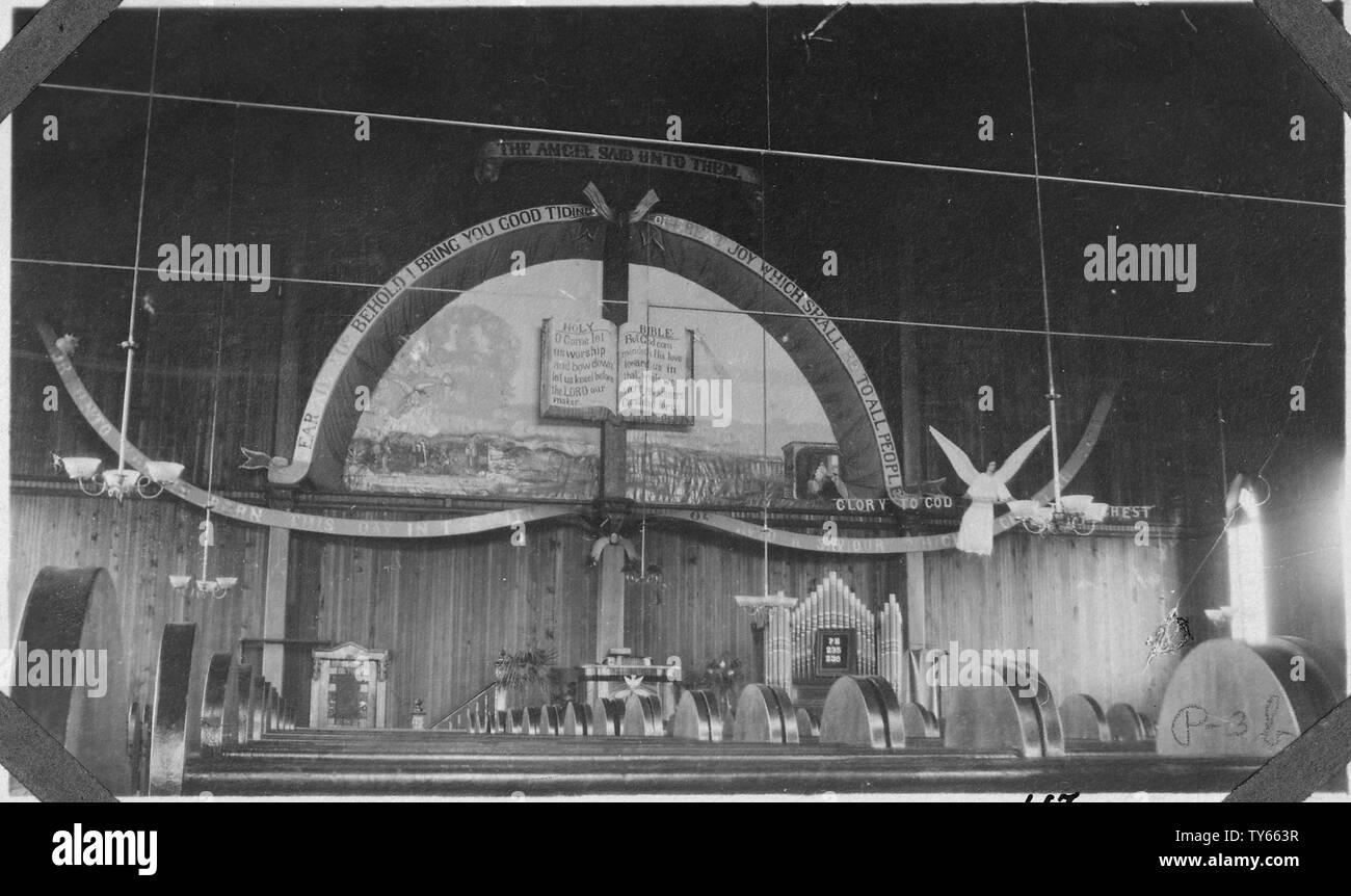 Interior of Metlakahtla, Alaska Church. View of Christmas mural Stock ...