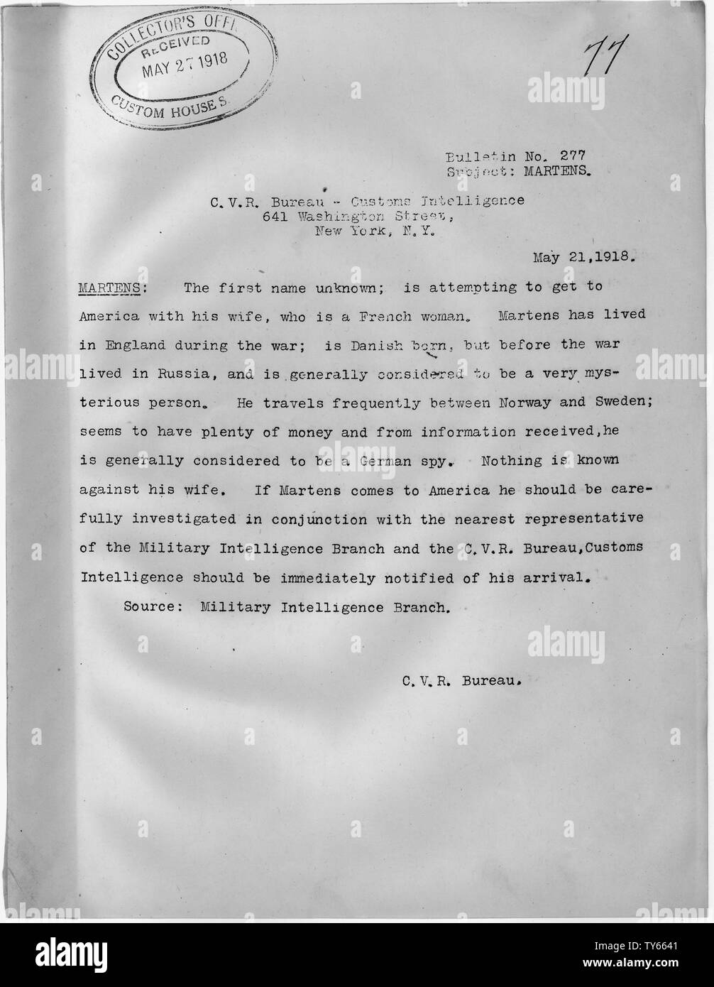 Intelligence Division Passenger Report: Martens; Scope and content ...