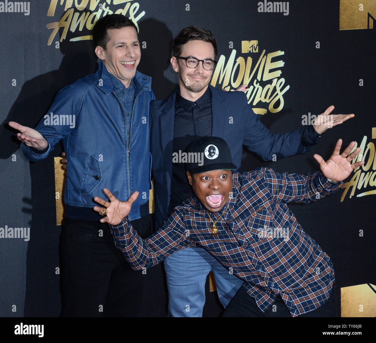 Actors Andy Samberg (L), Jason Mitchell (R) and Jorma Taccone ...