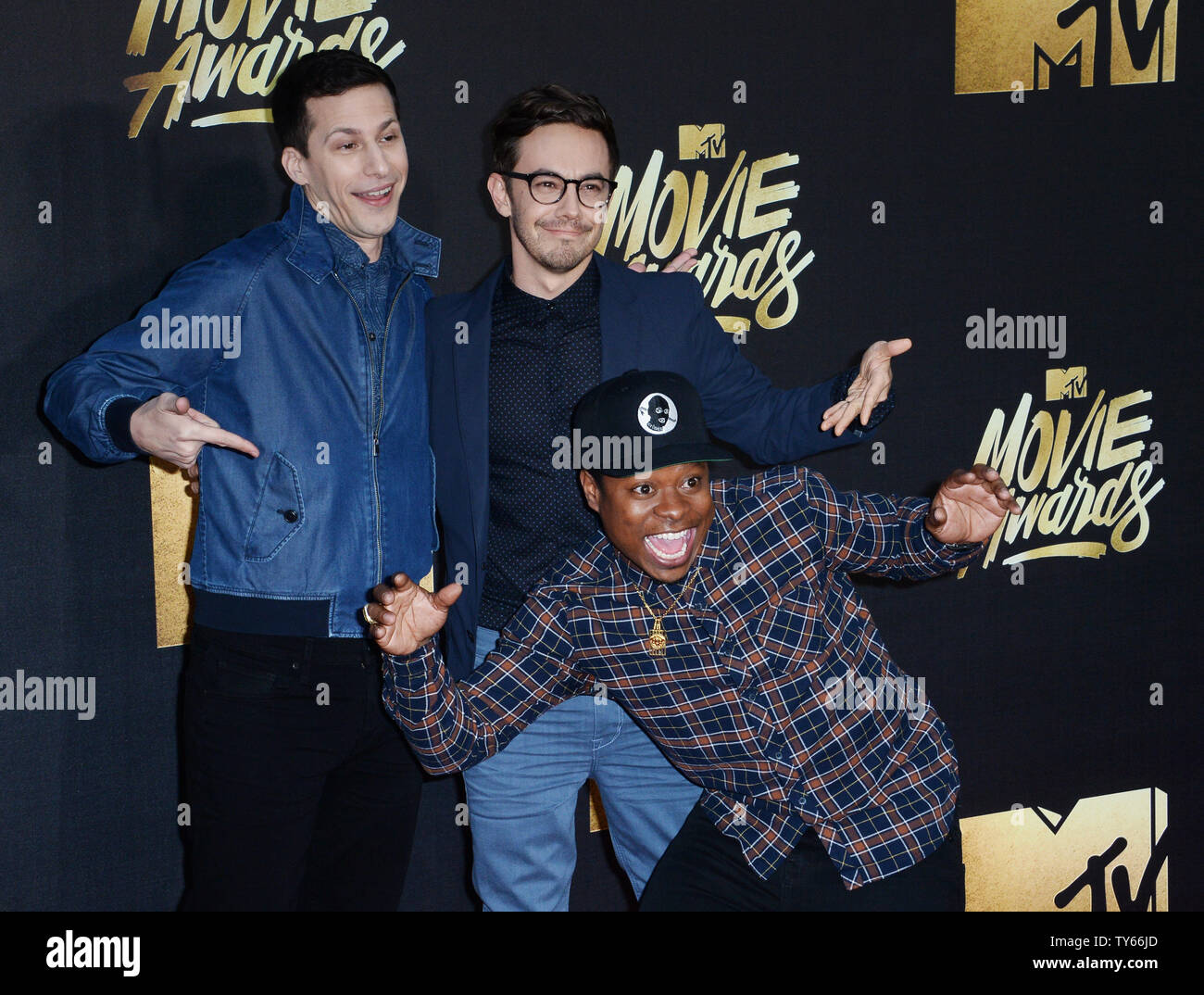 Actors Andy Samberg (L), Jason Mitchell (R) and Jorma Taccone ...