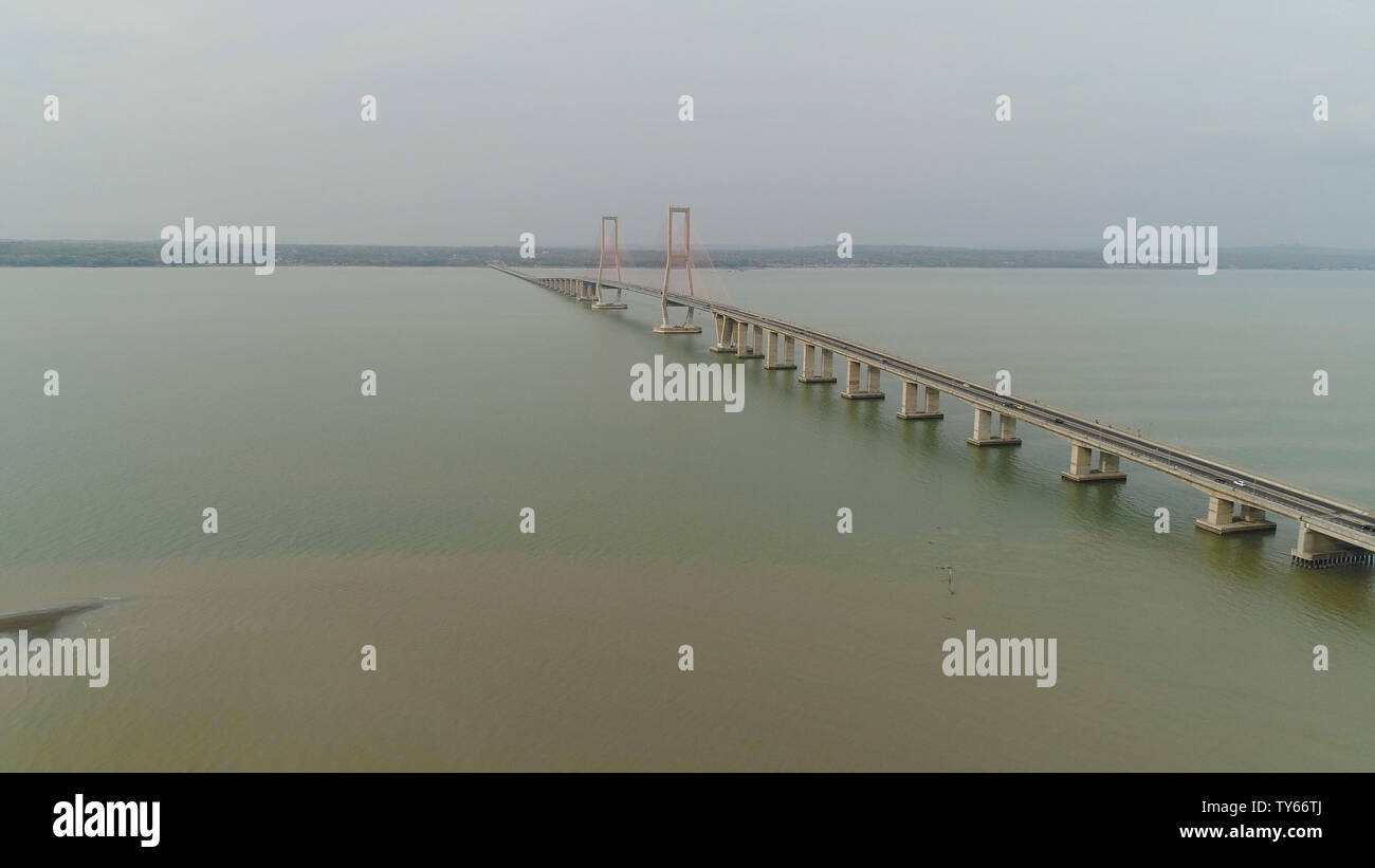 aerial view suspension cable bridge Suramadu over madura strait ...