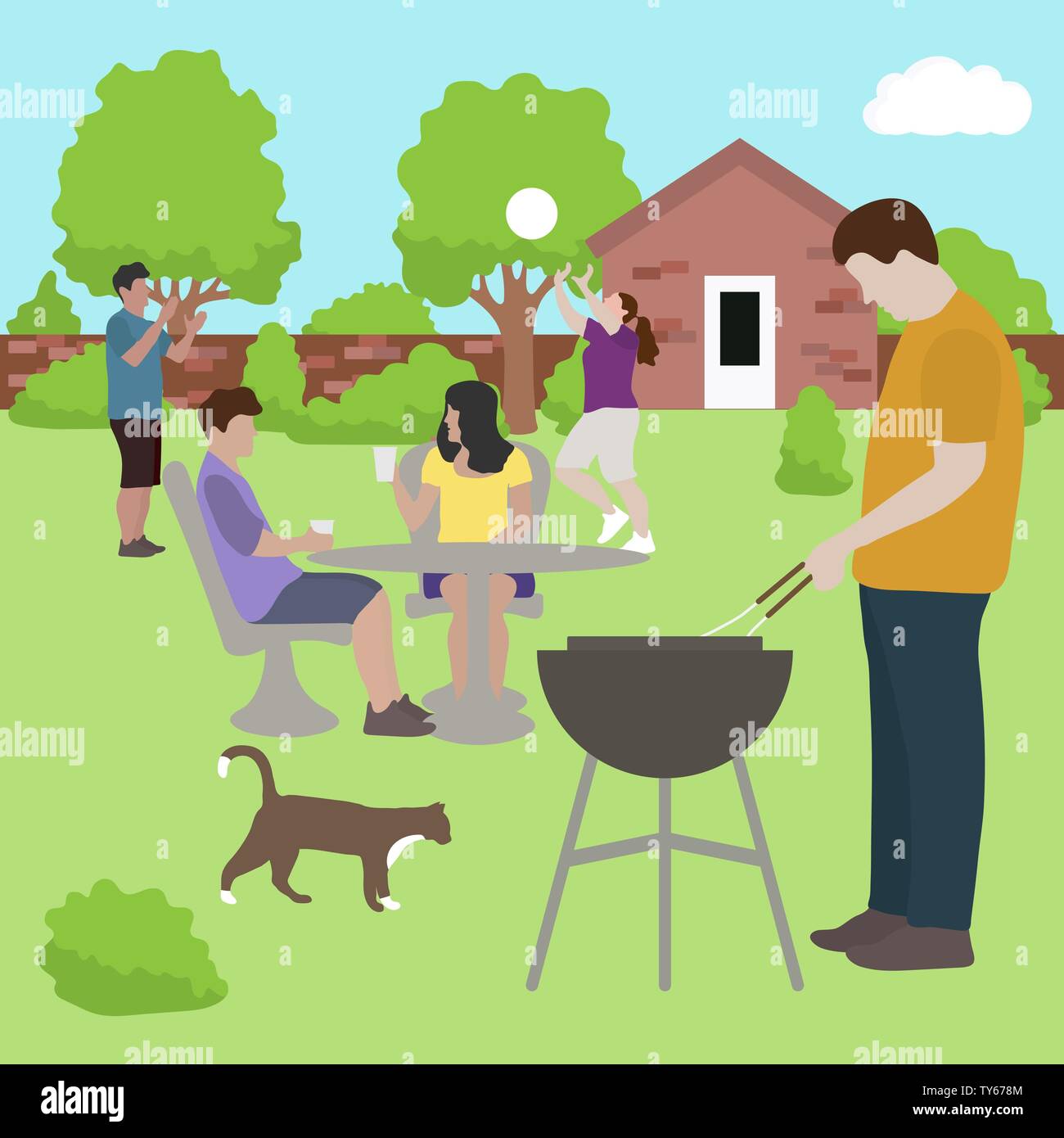 Vector illustration with people having bbq party in the backyard. BBQ ...