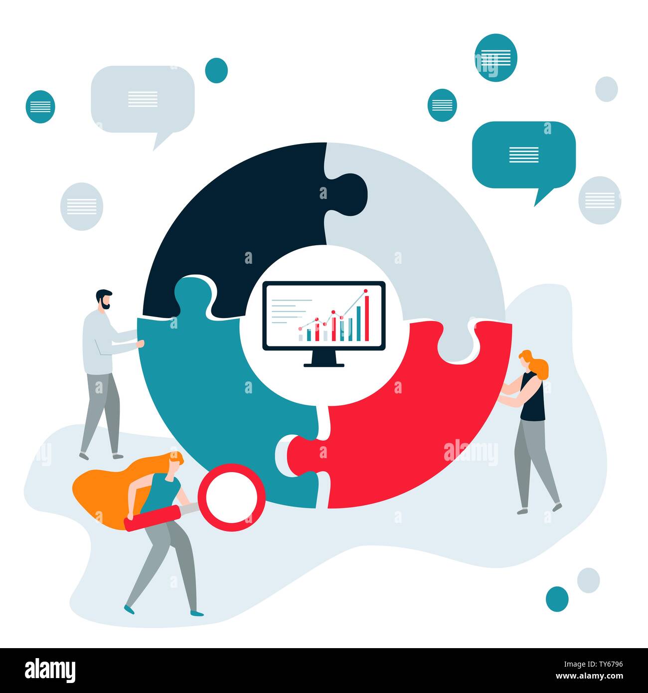 Vector illustration with people connect puzzle elements. Teamwork ...