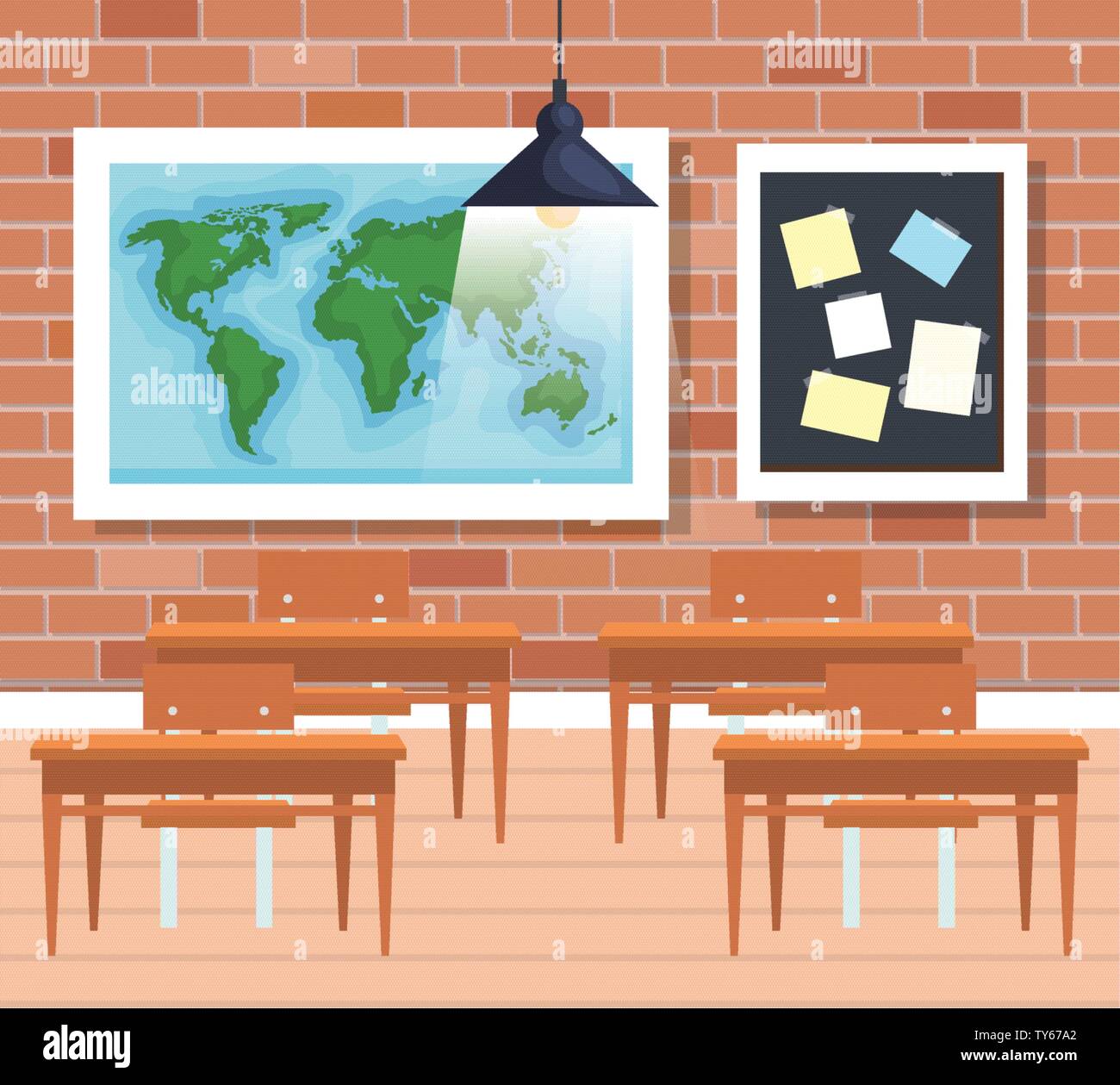 global map with note board and desks in the classroom Stock Vector ...