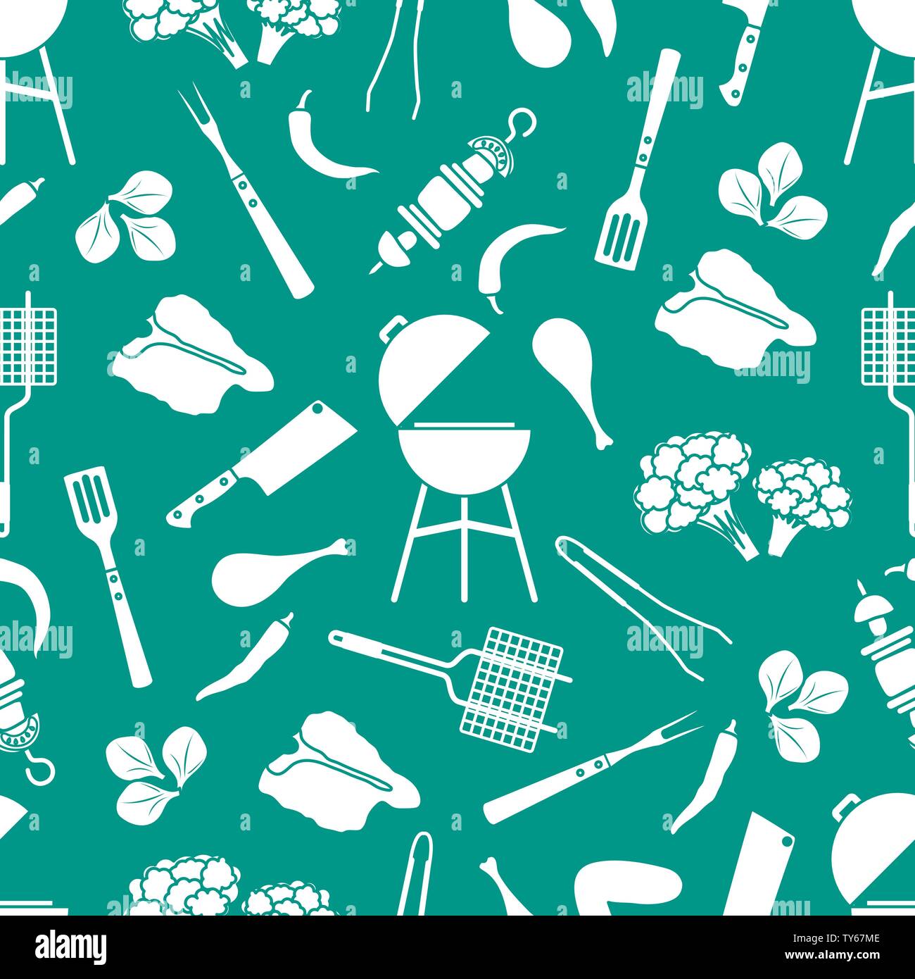 Seamless pattern with grill and barbecue tools, food. BBQ party ...