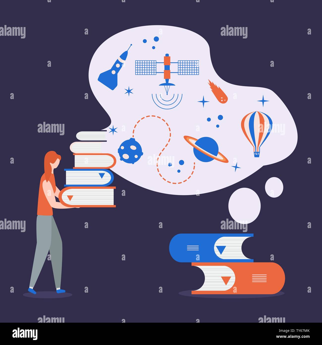 Vector illustration with girl, stack of books. Education, study ...