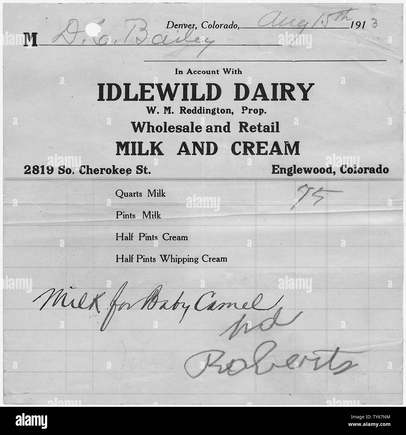 Invoice for milk for baby camel; Scope and content: The invoice is ...