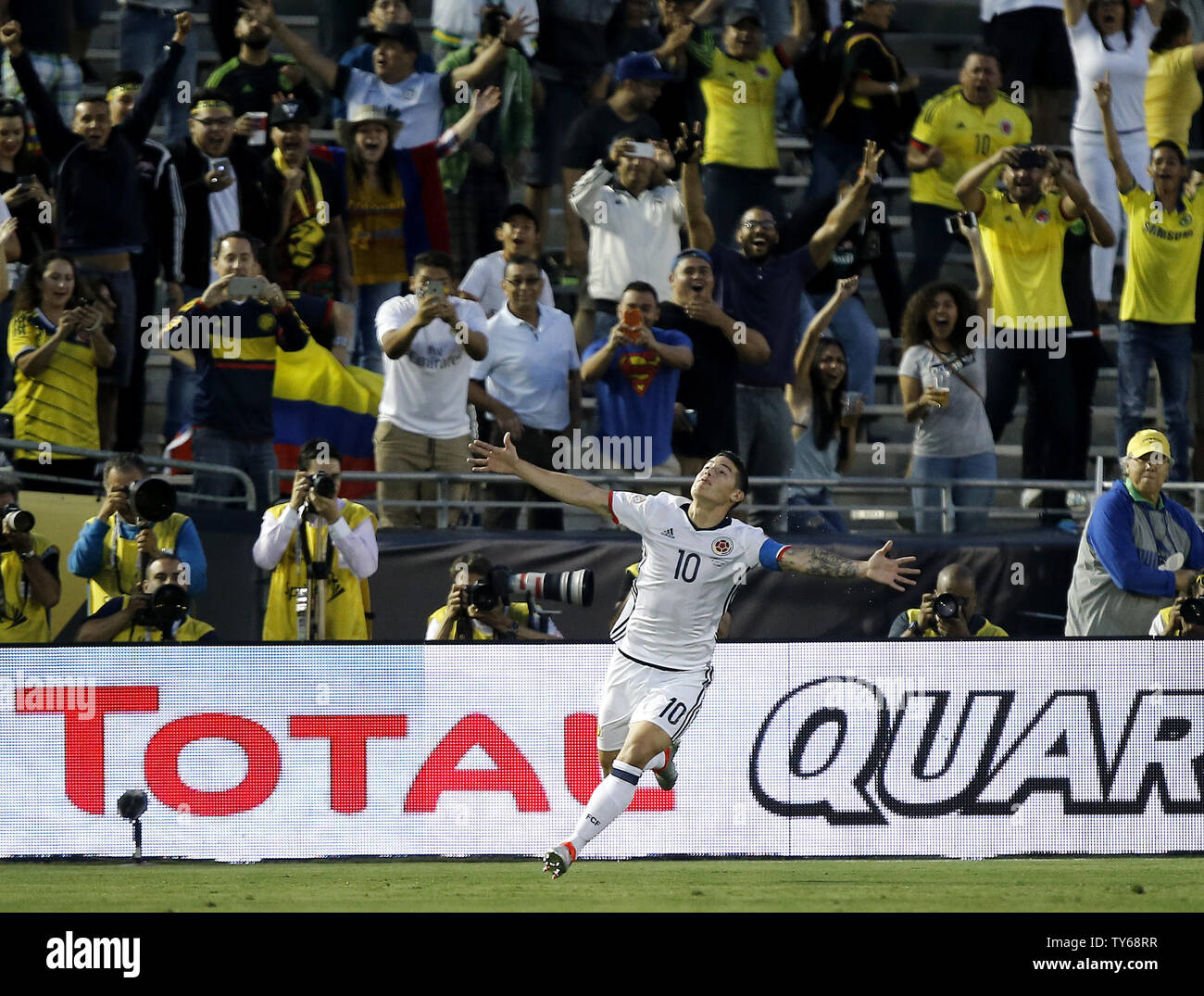 Colombia midfielder James Rodriguez (10) celebrates after scoring ...