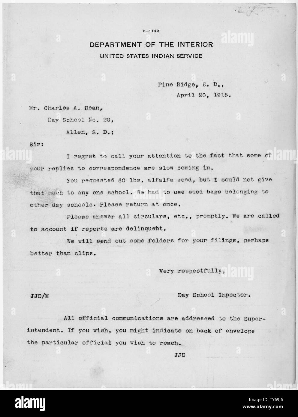 J.J. Duncan to Charles A. Dean, Day School Number 20 Stock Photo - Alamy