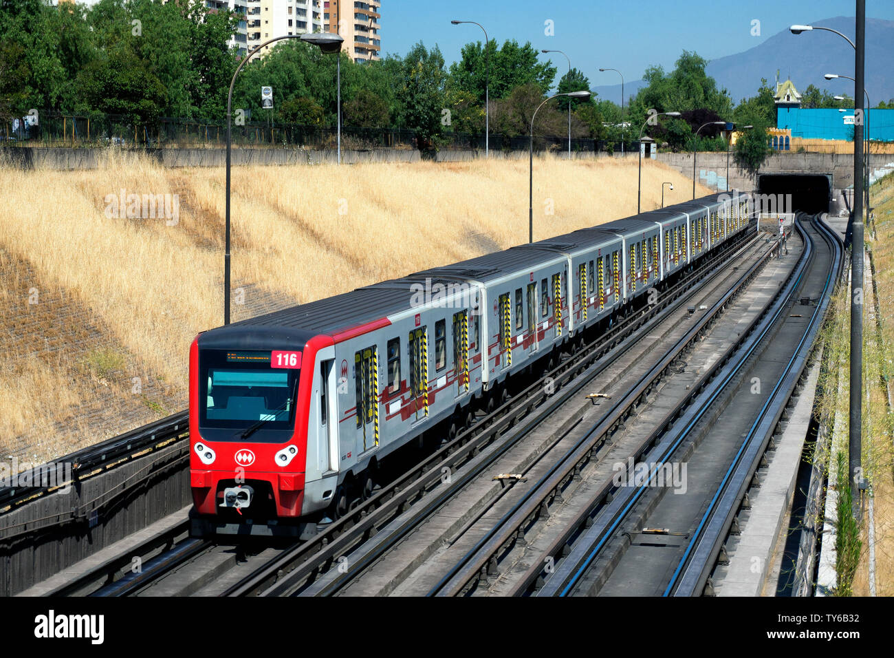 SANTIAGO, CHILE - DECEMBER 2015: A Santiago Metro train between Neptuno ...