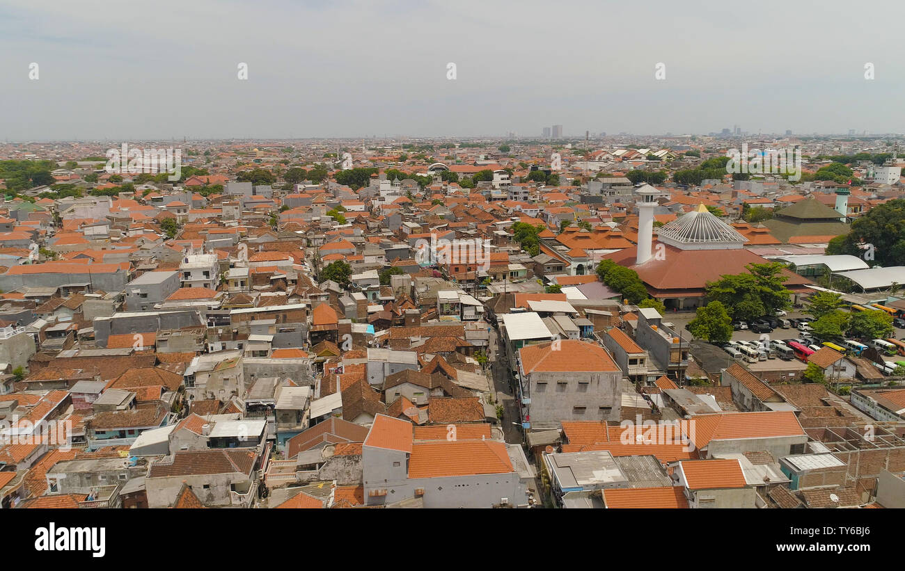 aerial view modern city Surabaya with skyscrapers and mosque Sunan ...