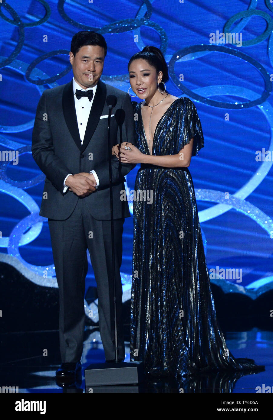 (L-R) Actors Randall Park and Constance Wu speak onstage during the ...