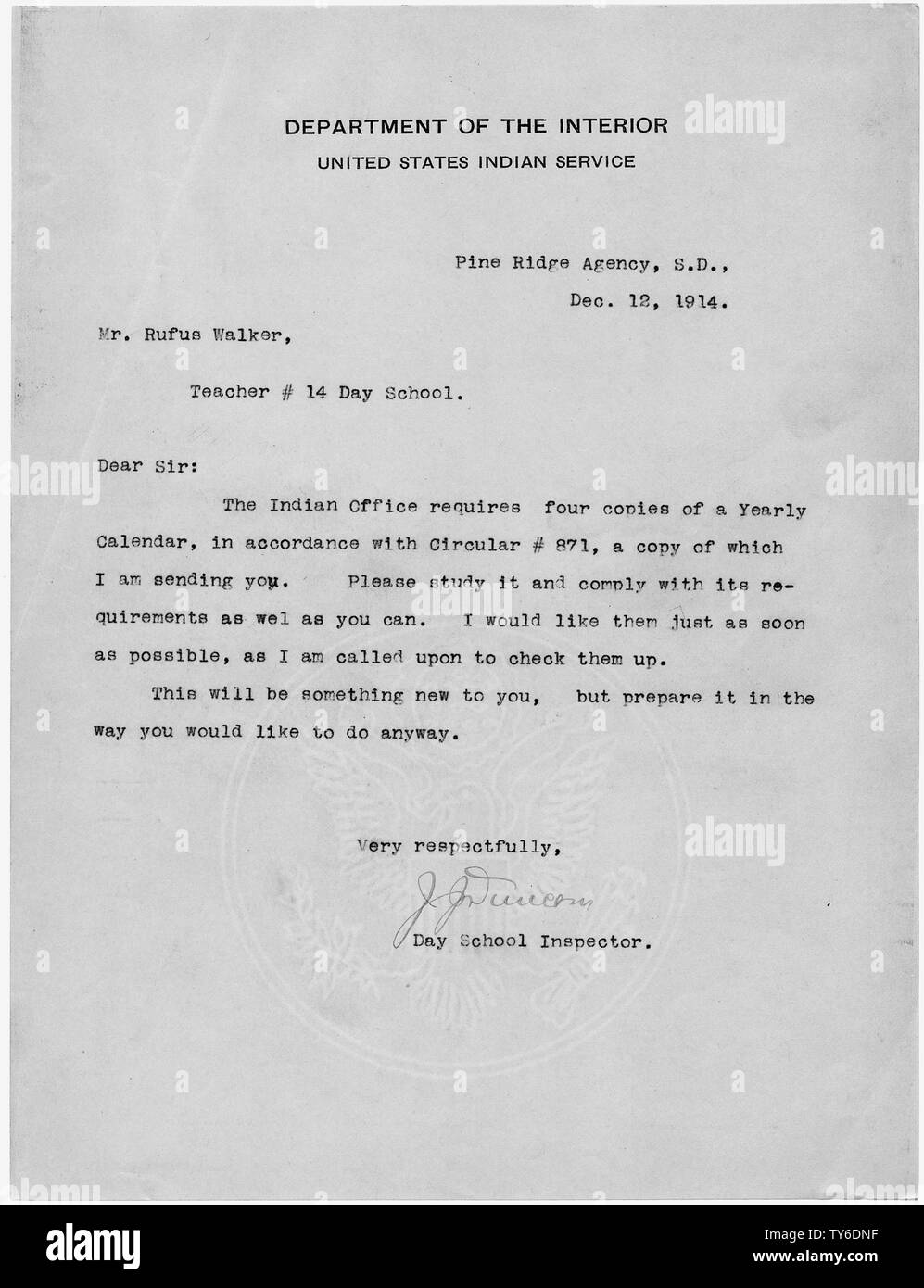 J.J. Duncan to Rufus Walker, Teacher, Day School Number 14 Stock Photo ...