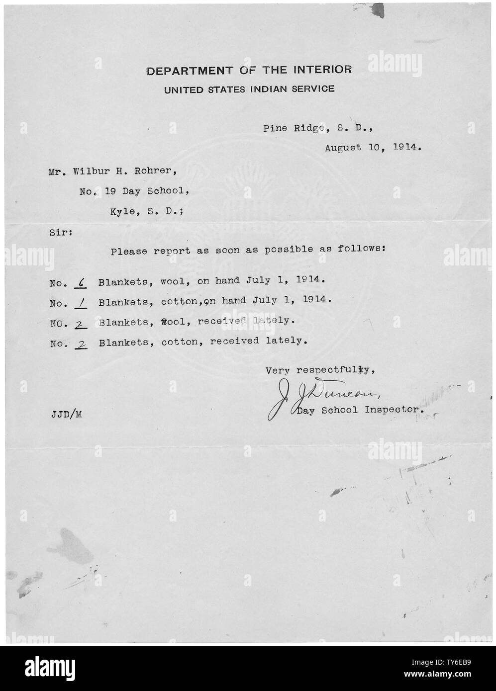 J.J. Duncan to Wilbur H. Rohrer, Teacher, Day School Number 19, Kyle ...