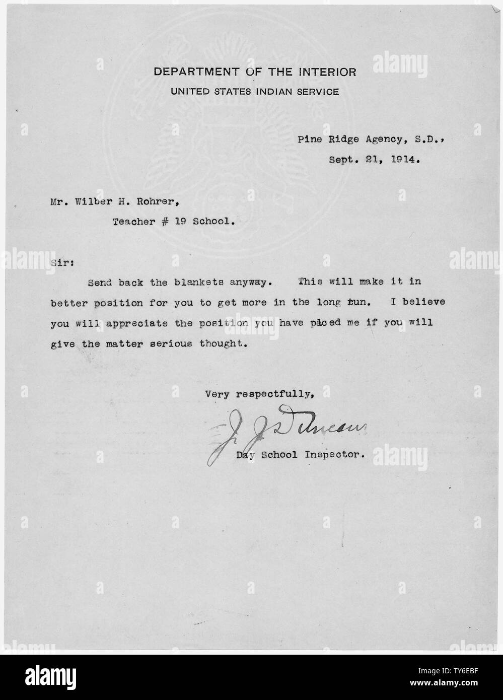 J.J. Duncan to Wilbur H. Rohrer, Teacher, Day School Number 19, Kyle ...