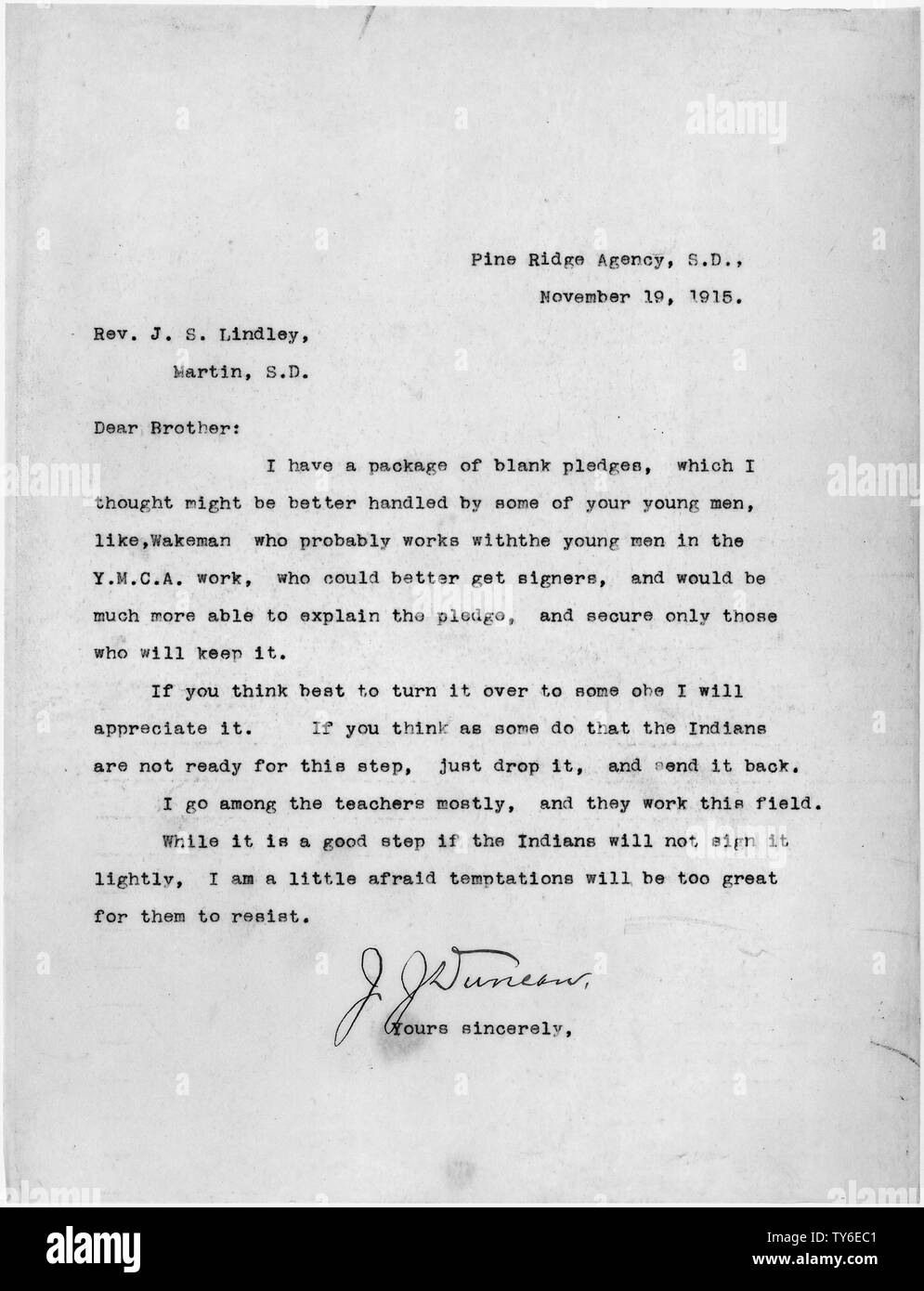 J.J.Duncan to the Reverend J.S. Lindley, Martin, South Dakota Stock ...