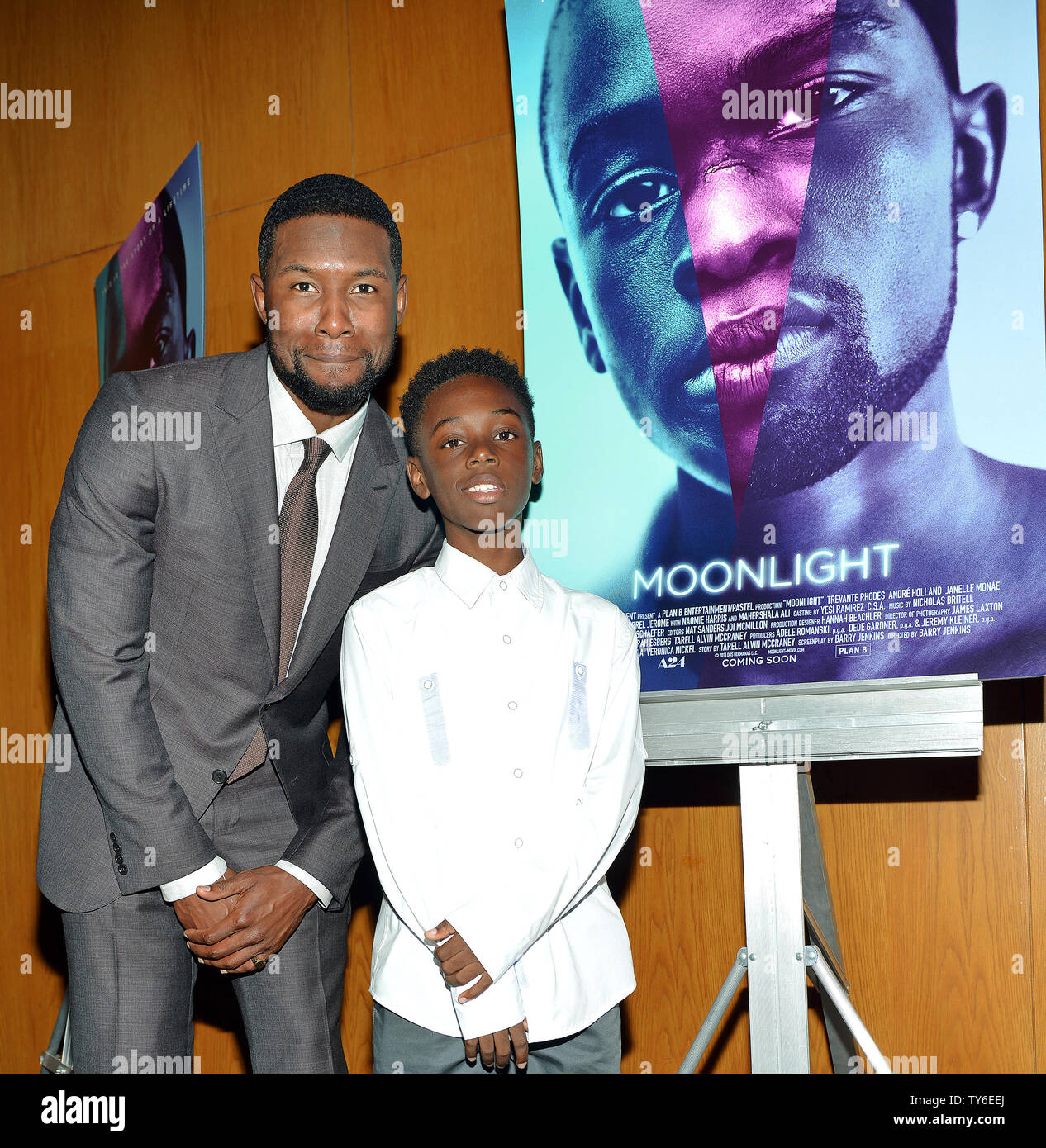 Trevante Rhodes (L) and Alex Hibbert arrive at the Los Angeles premiere ...