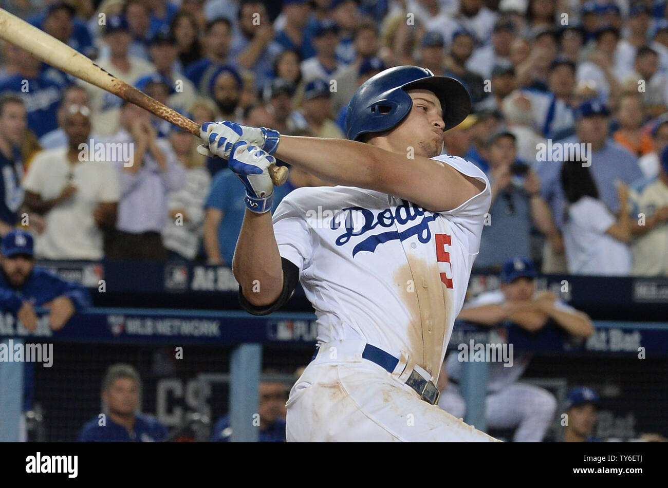 Los Angeles Dodgers' Corey Seager strikes out during the fifth inning ...