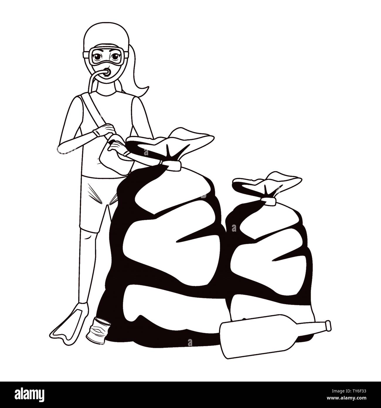 scuba diving avatar cartoon character in black and white Stock Vector ...