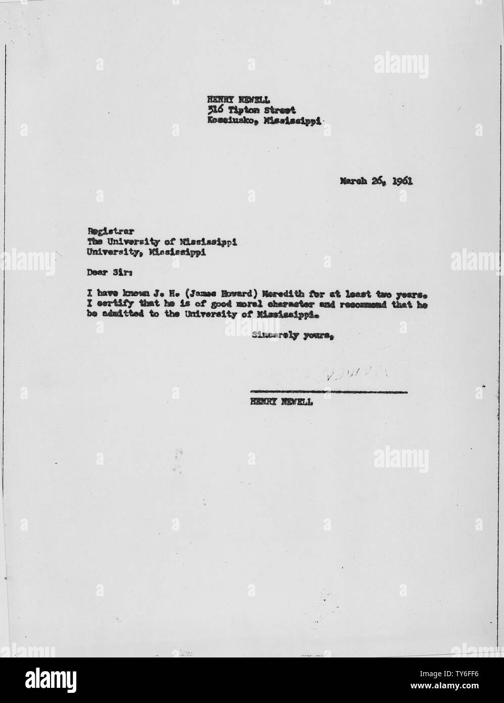 James Meredith, Letter of Recommendation March 26, 1961; Scope and ...