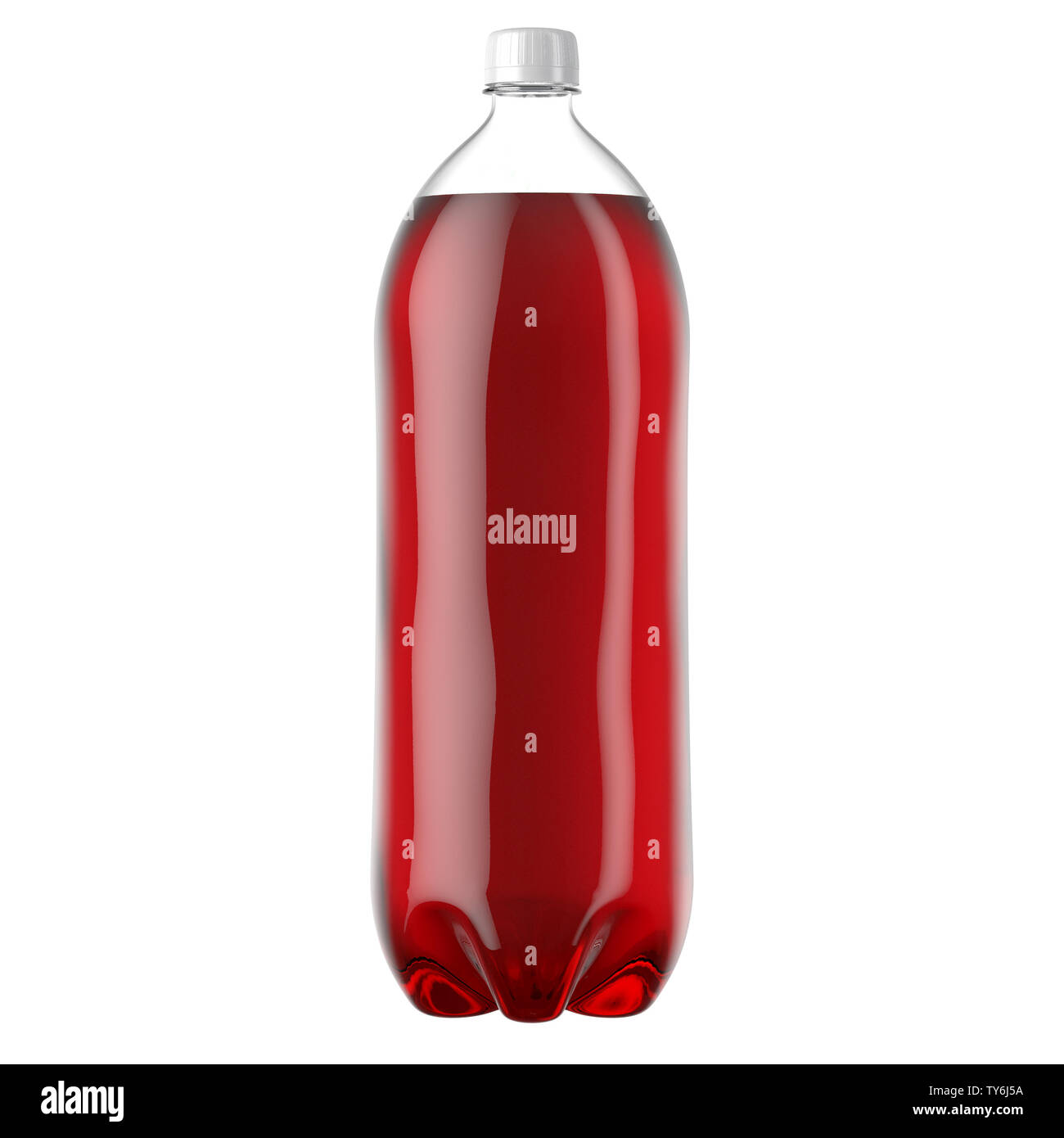 A plastic two liter red soda bottle on an isolated white studio ...