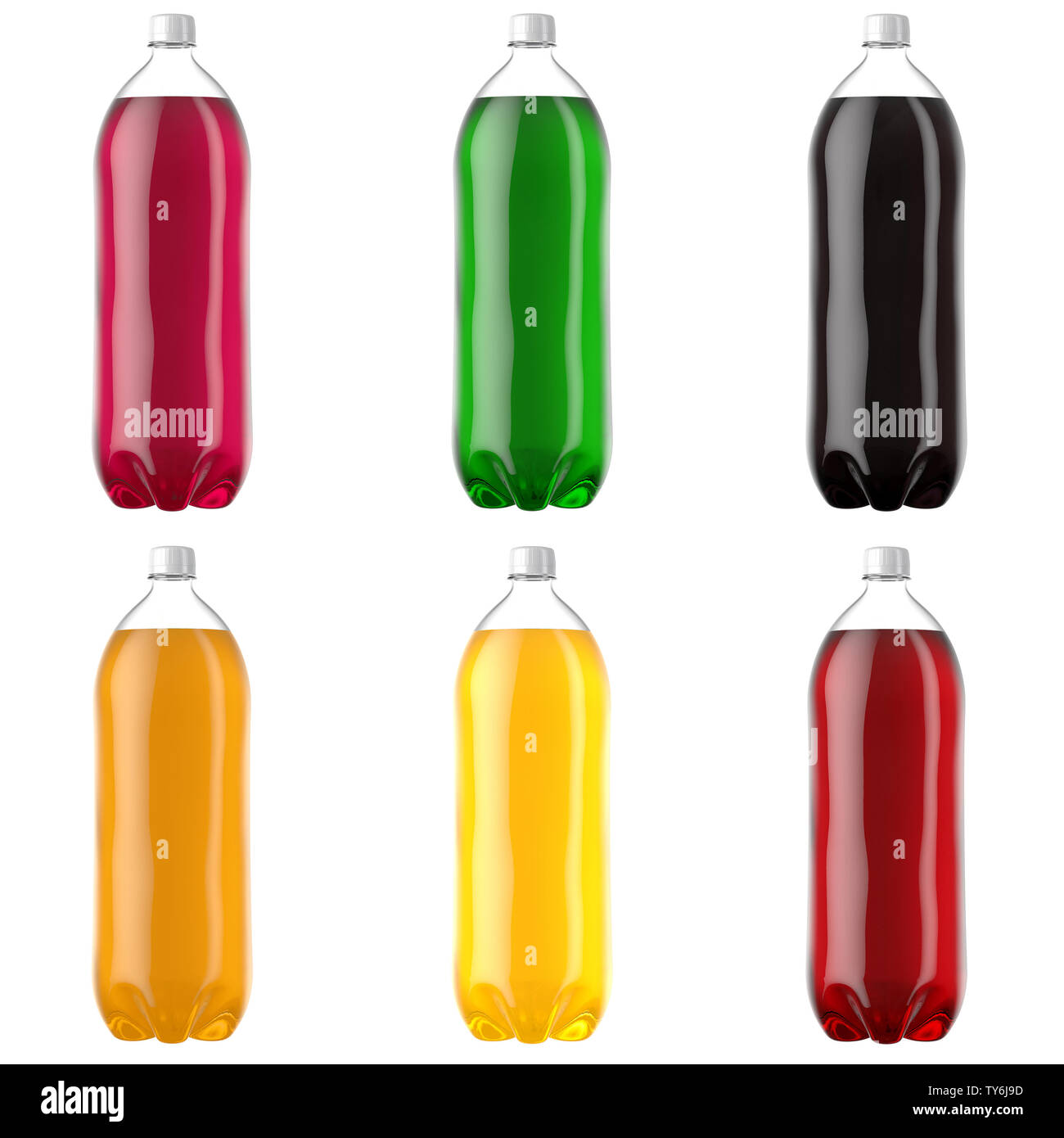 A collection of six plastic two liter soda bottles of different flavors ...