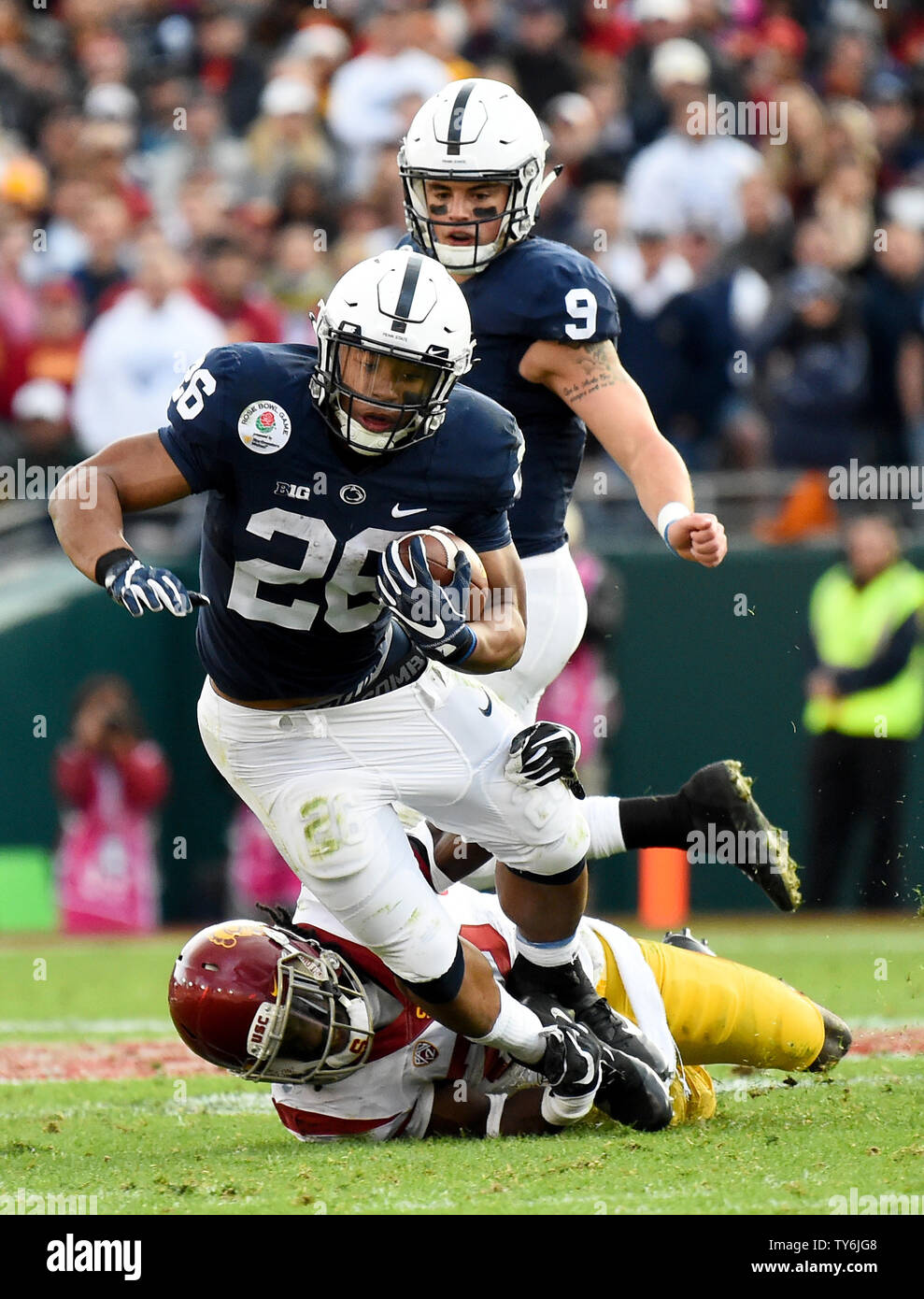 Penn State running back Saquon Barkley (28) is tackled by USC Trojans ...