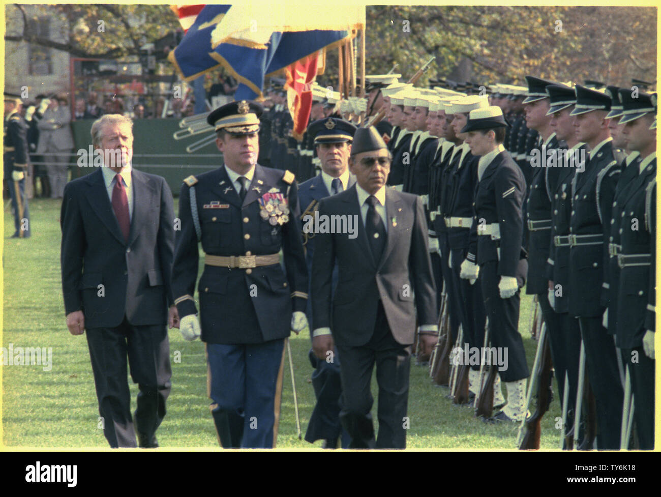 Jimmy Carter and King Hassan II review troops during arrival ceremony ...