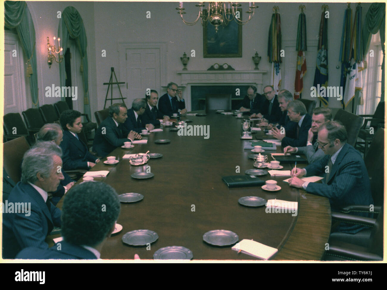 Jimmy Carter and King Hassan II of Morocco participate in a meeting ...