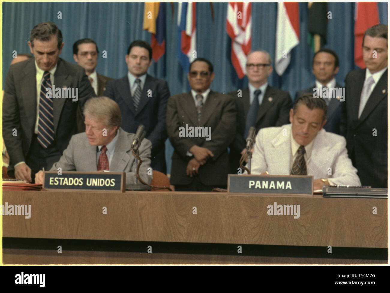 Jimmy Carter and Omar Torrijos signing the Panama Canal Treaty Stock ...