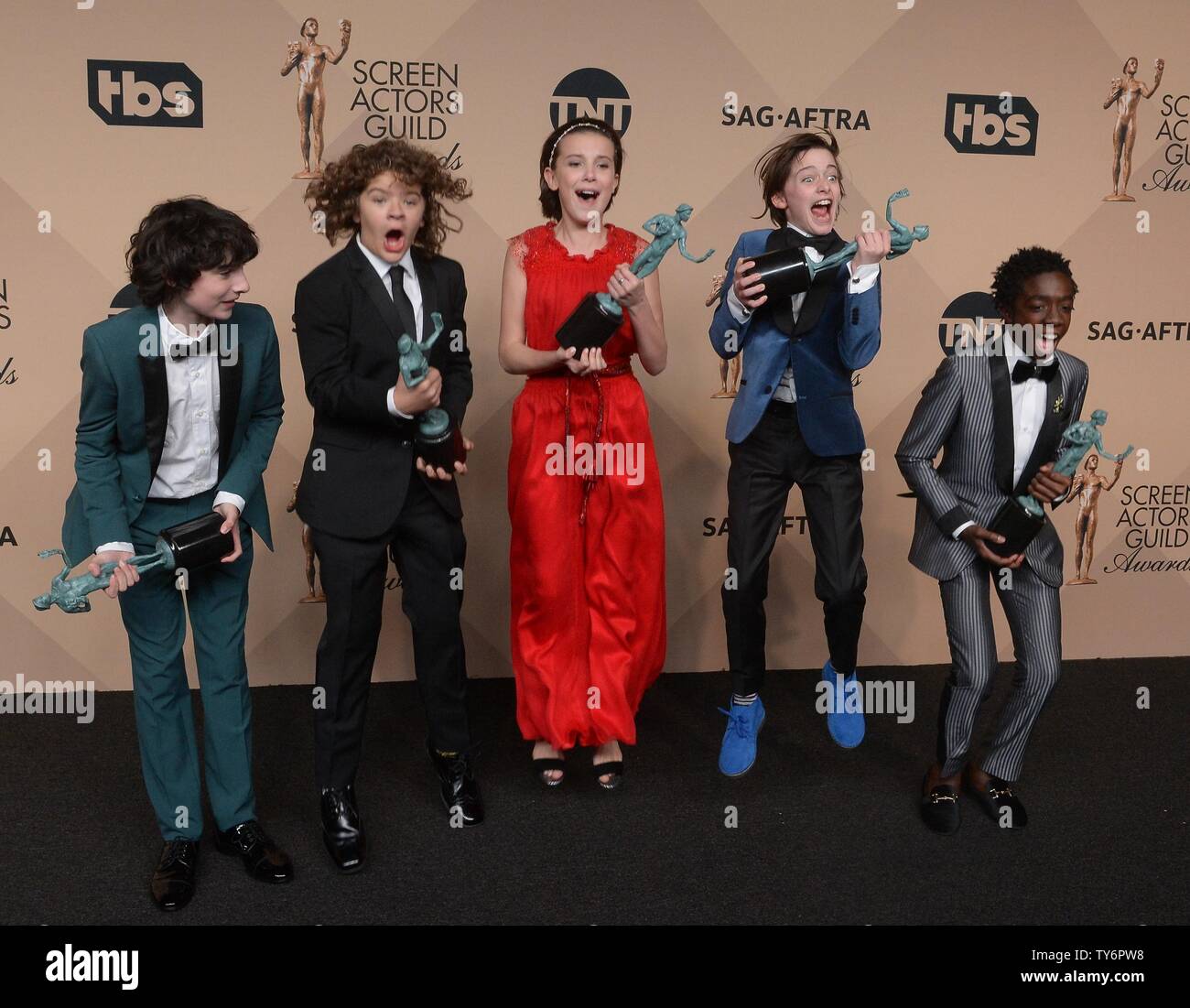 (L-R) Finn Wolfhard, Gaten Matarazzo, Millie Bobby Brown, Noah Schnapp and Caleb McLaughlin ...