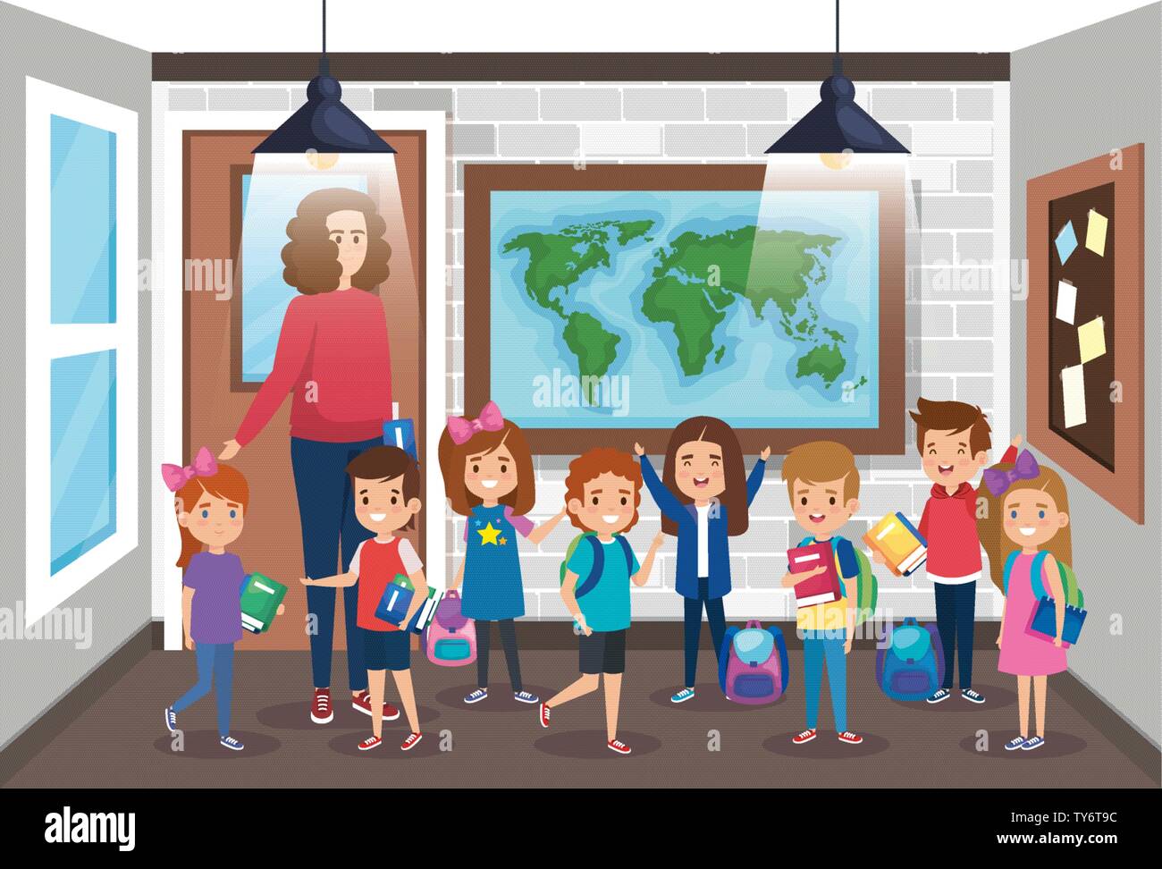 woman teacher with girls and boys students Stock Vector Image & Art - Alamy