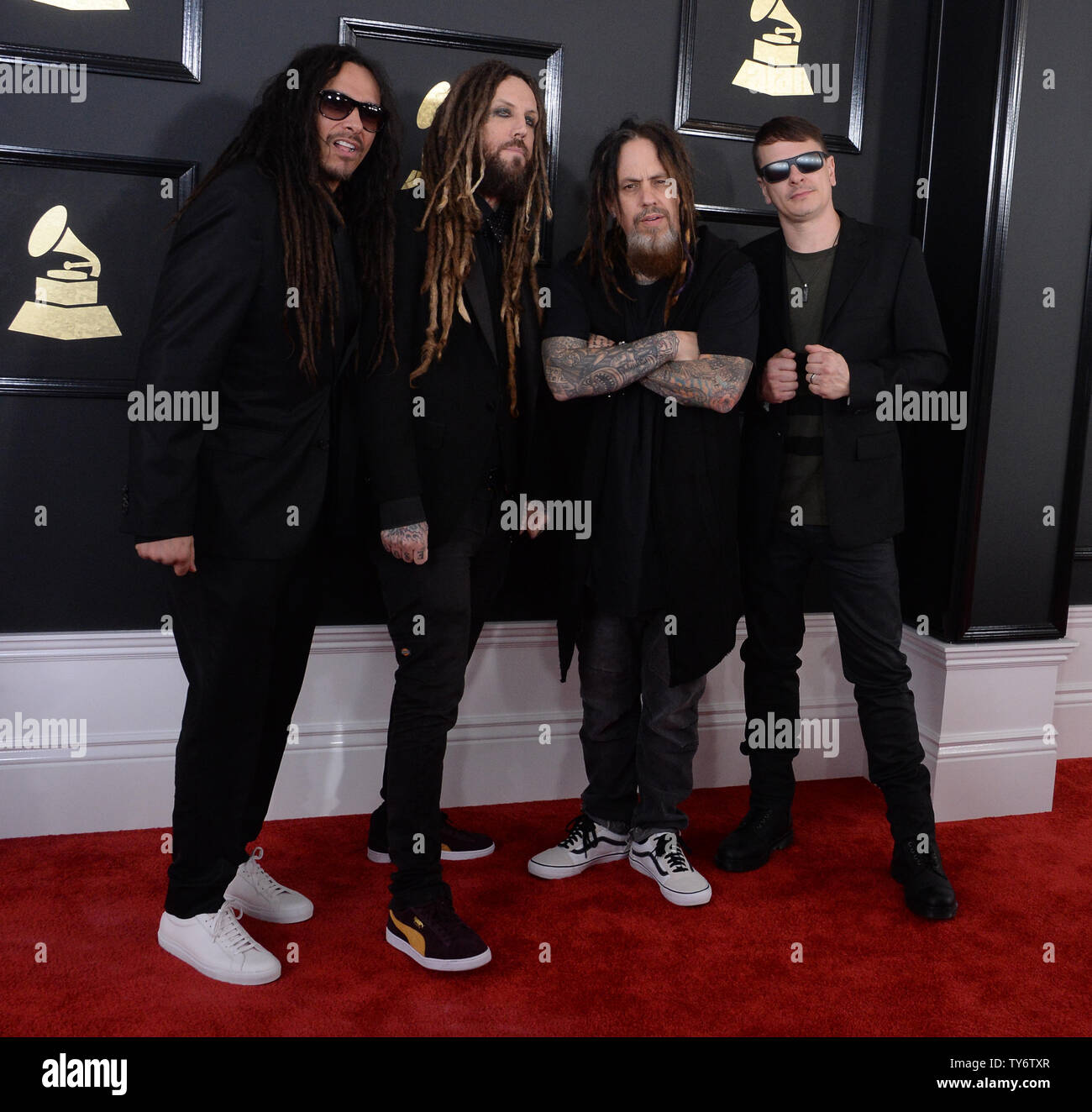 Musical group Korn arrives for the 59th annual Grammy Awards held at ...