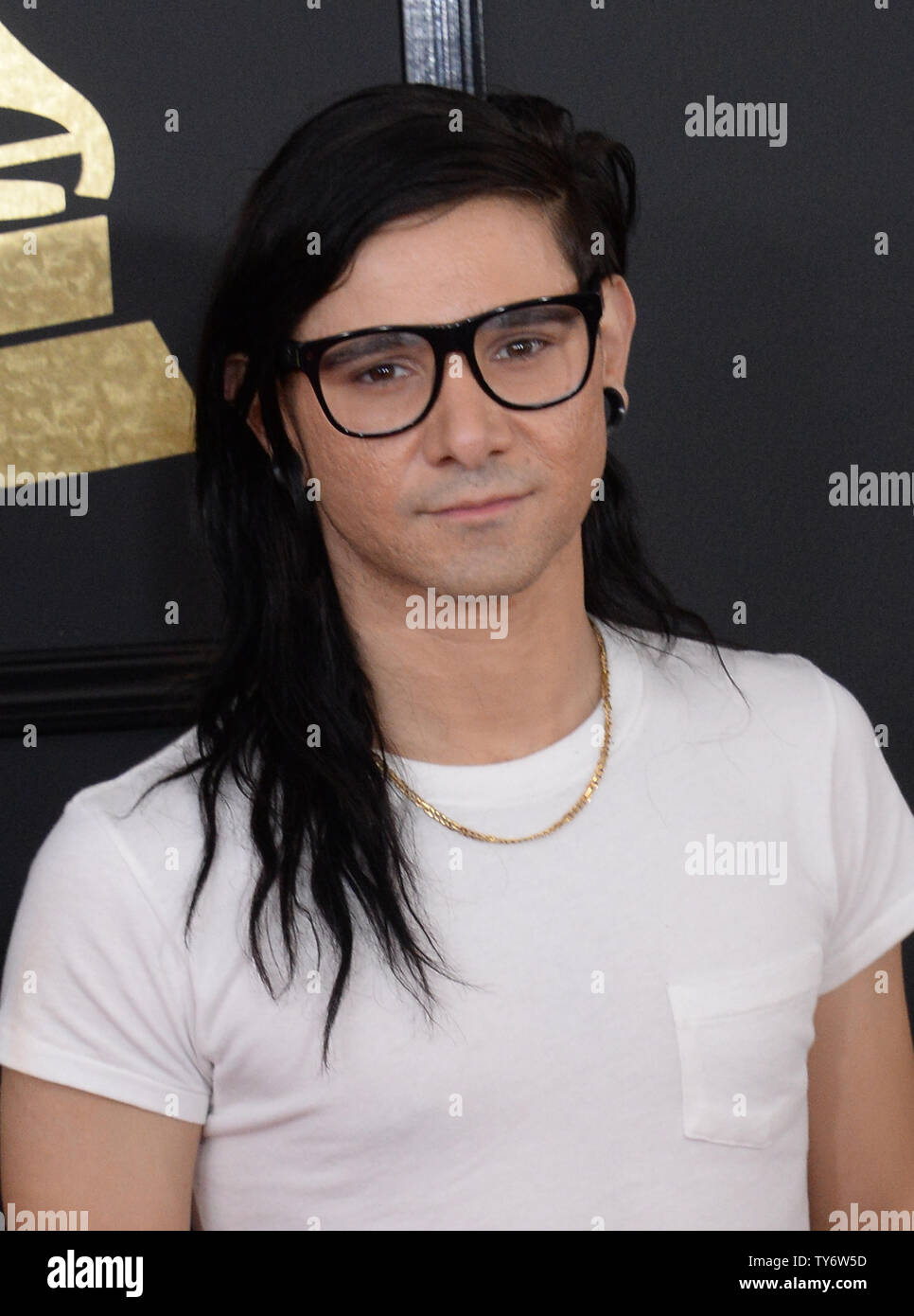 Producer Skrillex arrives for the 59th annual Grammy Awards held at ...