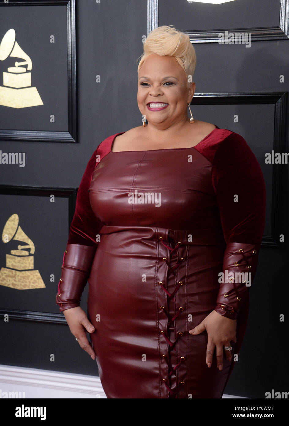 Gospel singer Tamela Mann arrives for the 59th annual Grammy Awards ...
