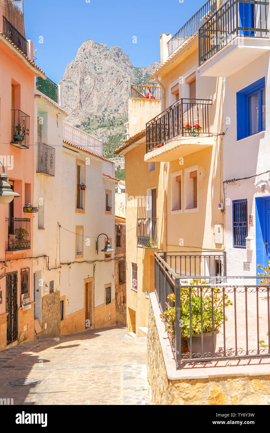 Finestrat, Spain - 12 June 2019: Narrow street in Finestrat old town ...