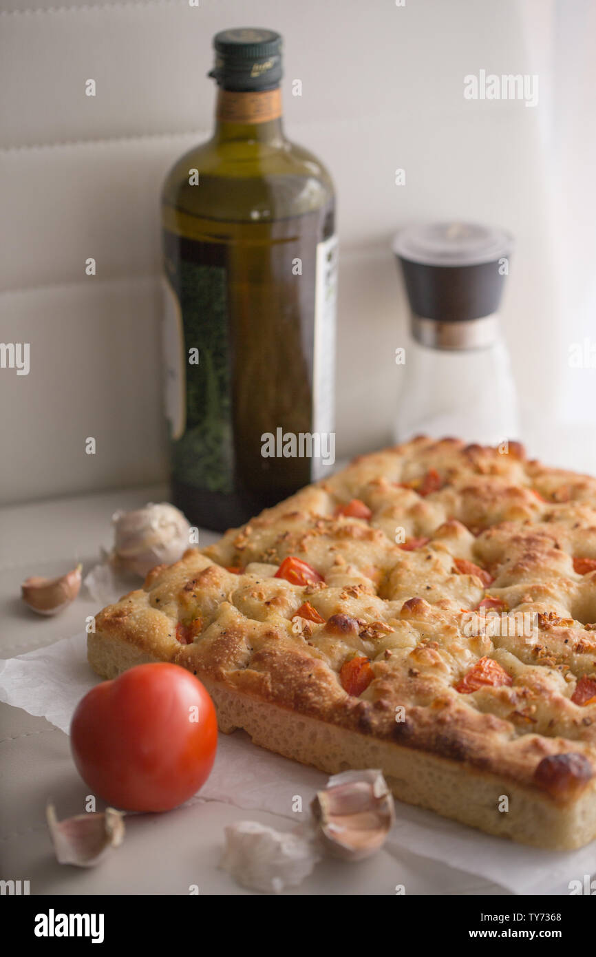 Handmade bread baked garlic tomatoes italian forcacha focaccia bread on ...