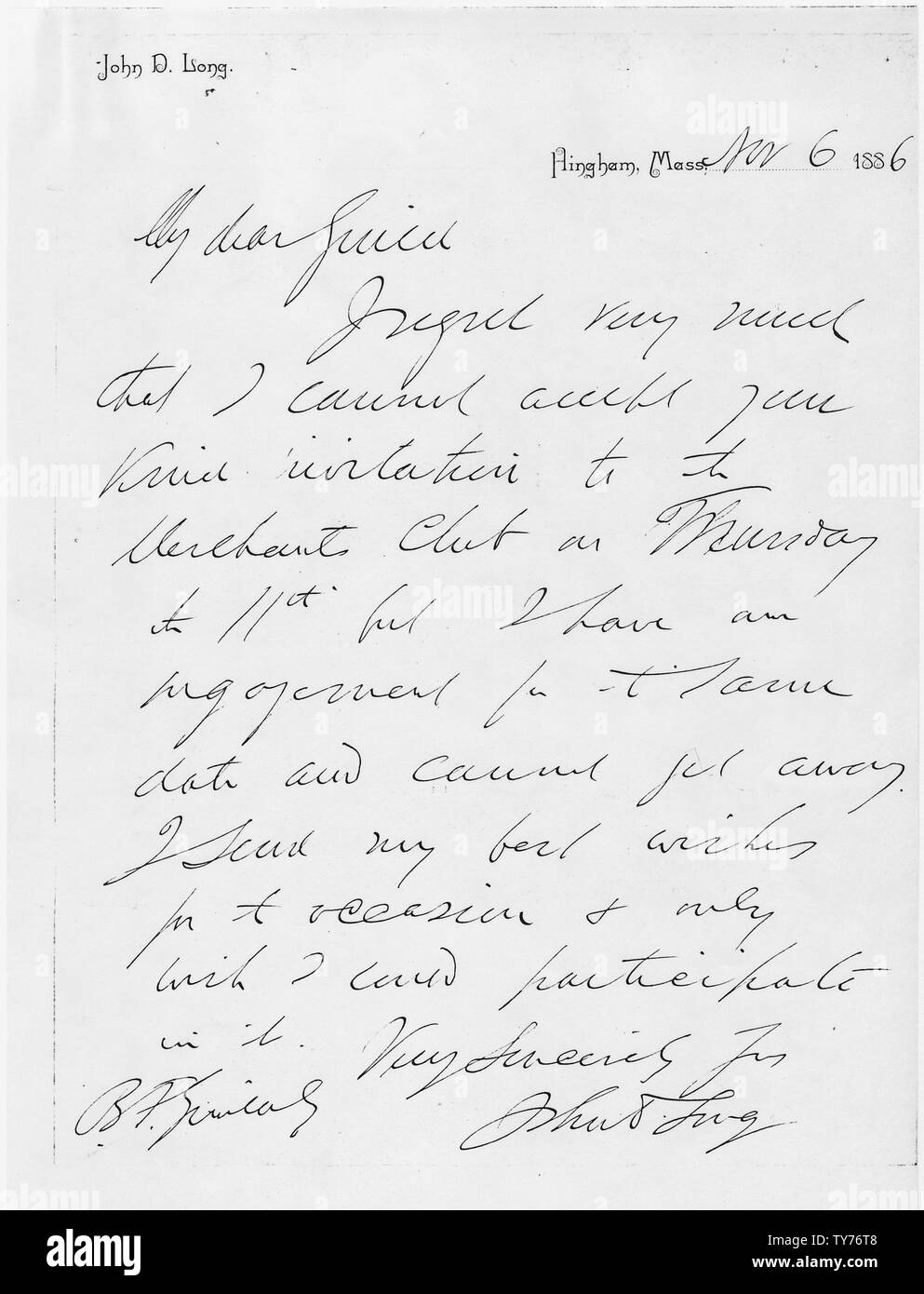 John D. Long Letter November 6, 1886; Scope and content: Handwritten ...
