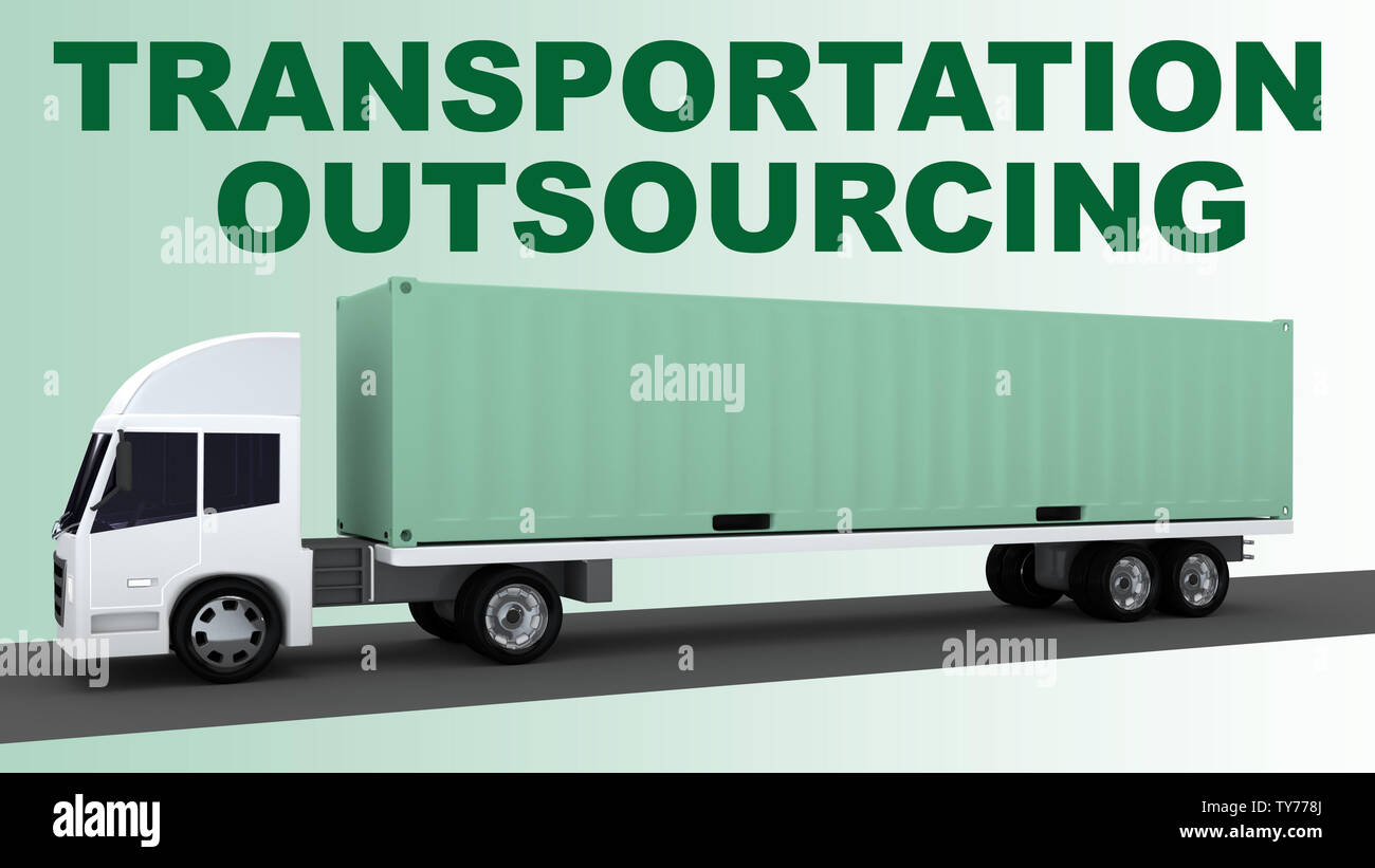3D illustration of TRANSPORTATION OUTSOURCING title on green gradient ...