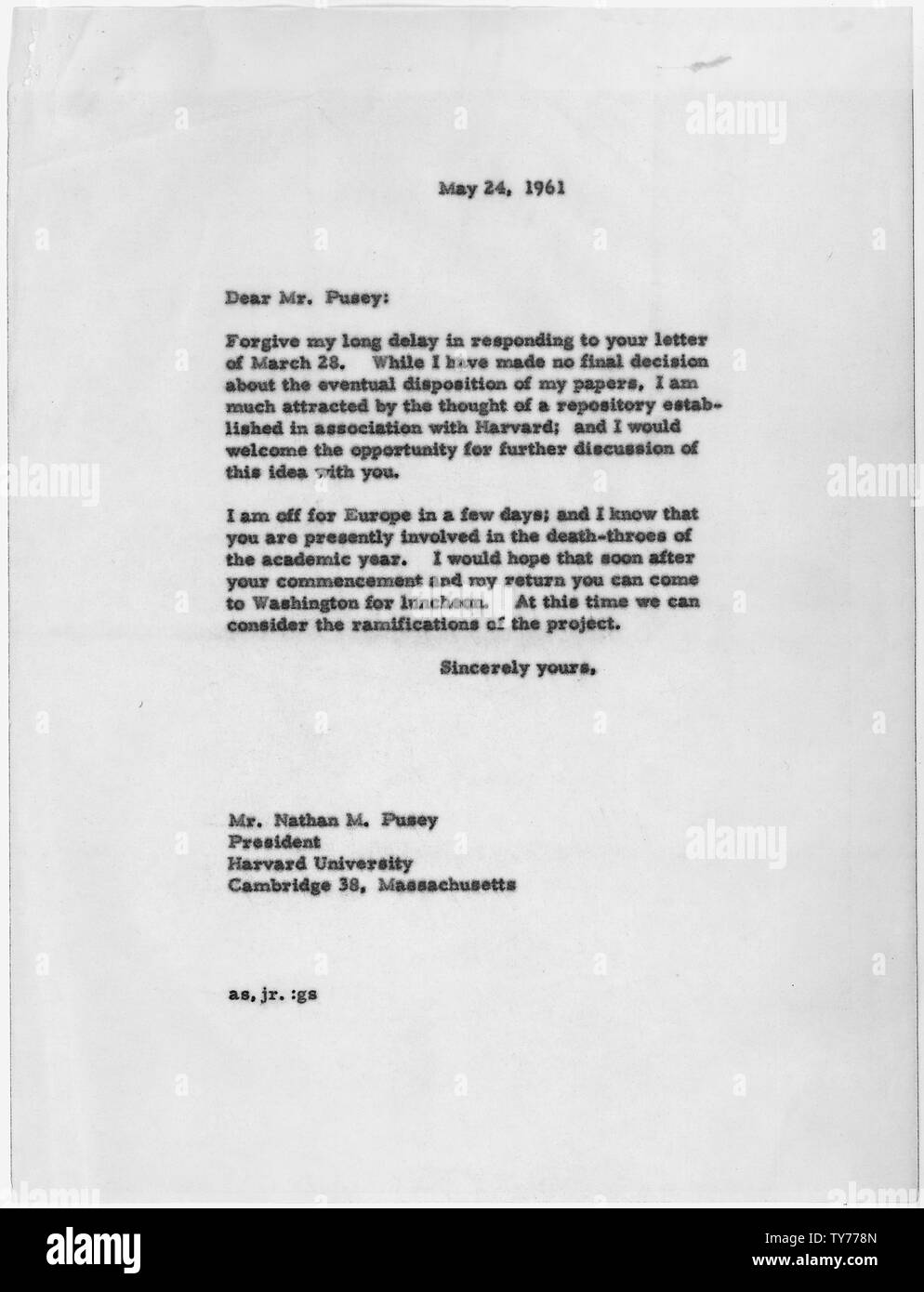 John F. Kennedy Library Letter May 24, 1961; Scope and content: Letter ...