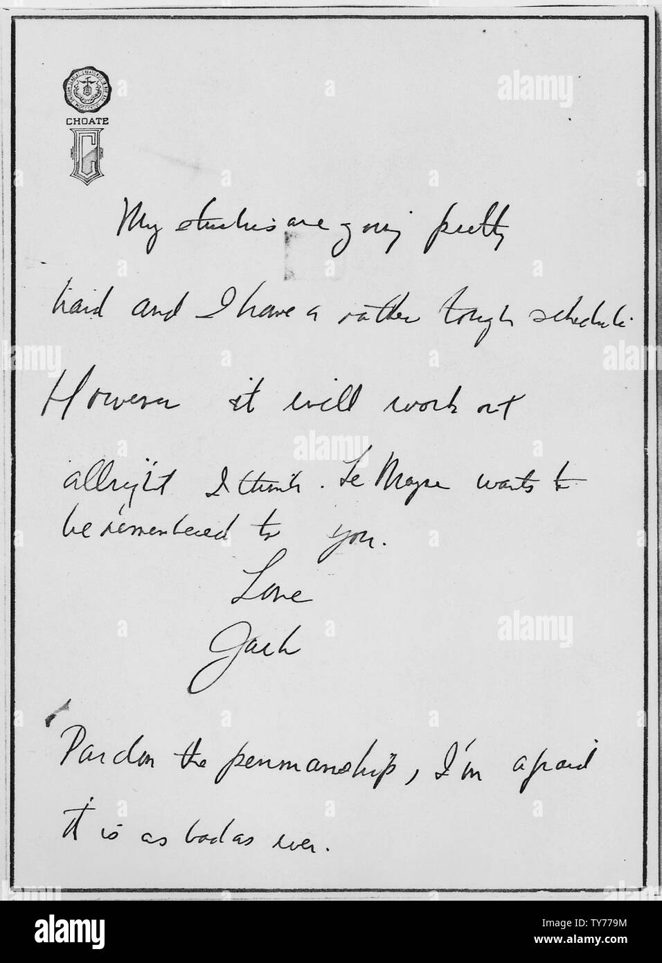 John F. Kennedy Choate Studies Letter; Scope and content: Handwritten ...
