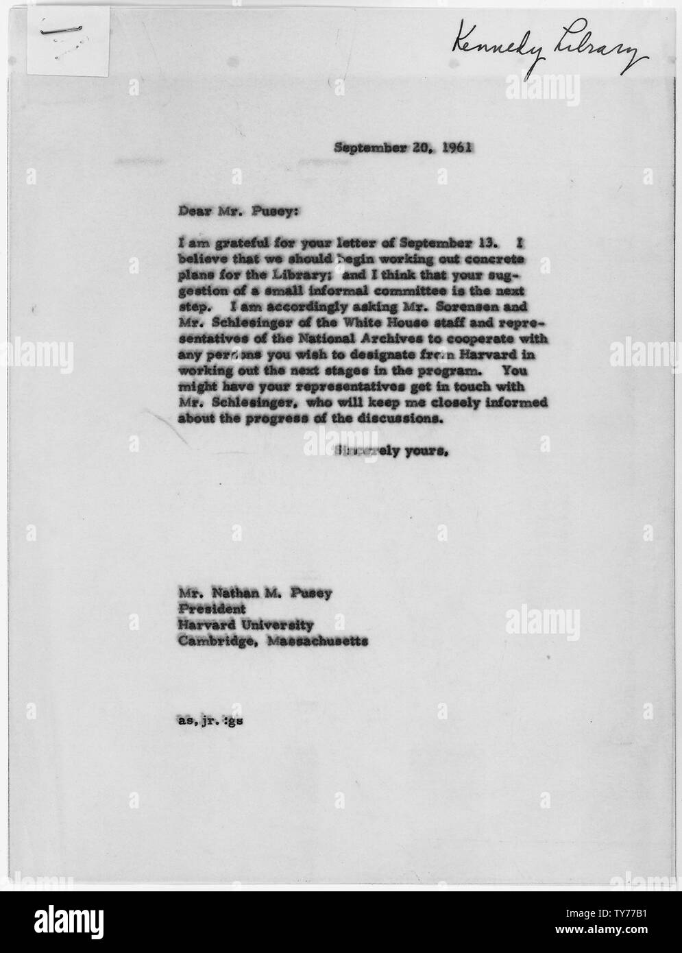 John F. Kennedy Library Letter September 20, 1961; Scope and content ...