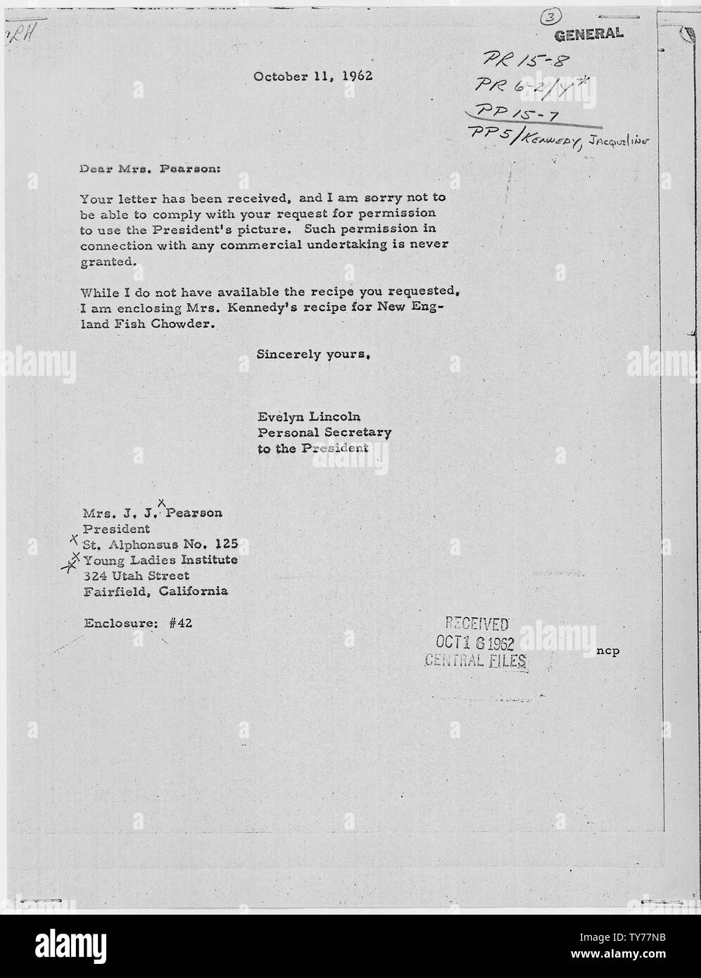 John F. Kennedy and New England Fish Chowder; Scope and content: Letter ...