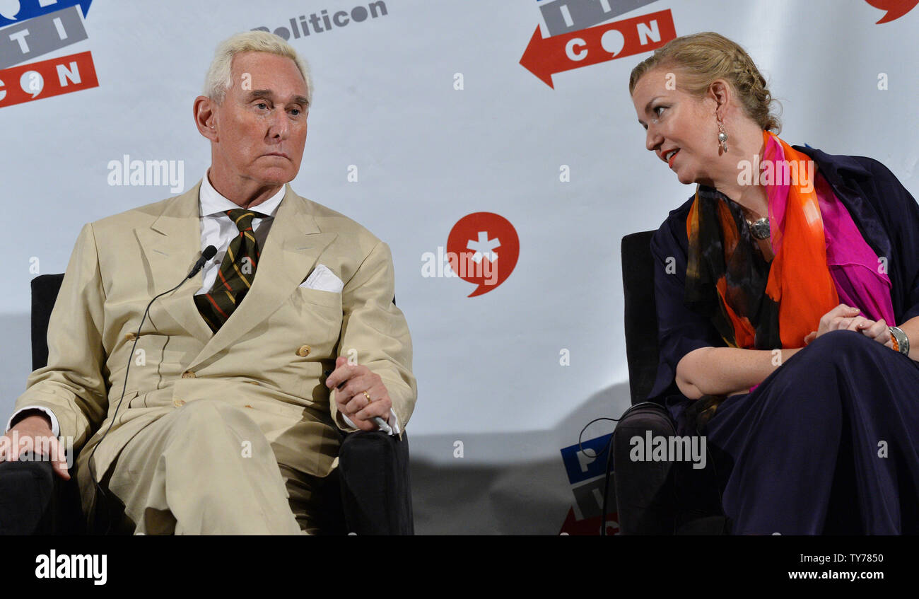 Roger Stone and Xeni Jardin wait for the Weed Nation panel to begin ...
