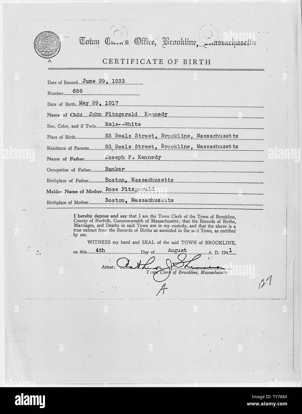 John F. Kennedy's Certificate of Birth; Scope and content: John F ...